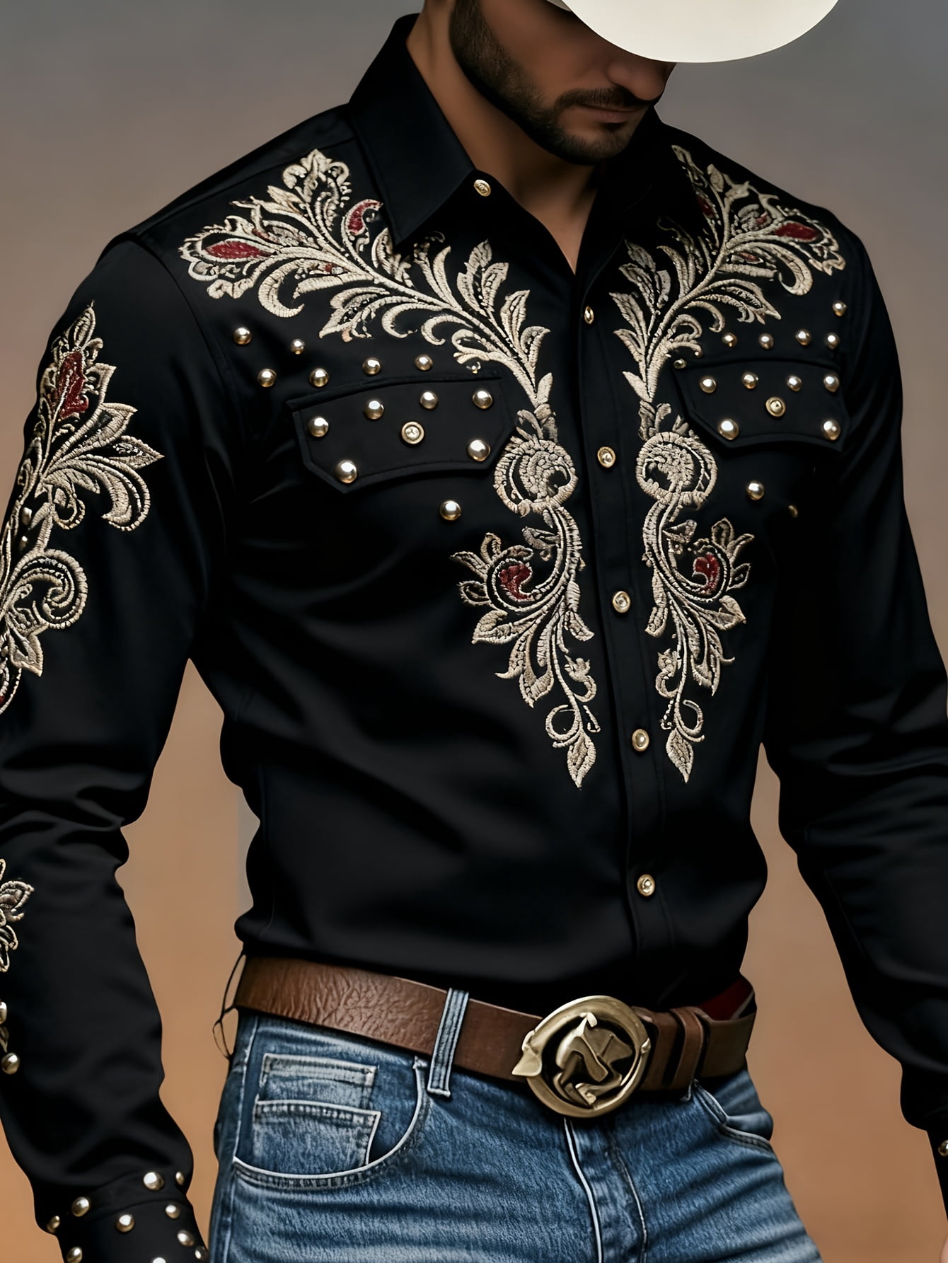 Men's Western Cowboy Style Digital Print Button-Up Shirt - Long Sleeve ...