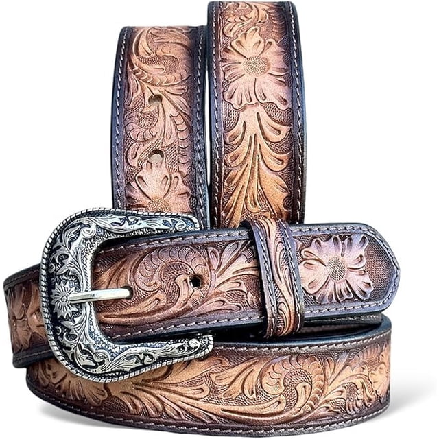 Men's Western Leather Cowboy Belt Tooled Embossed Handmade Belt with ...