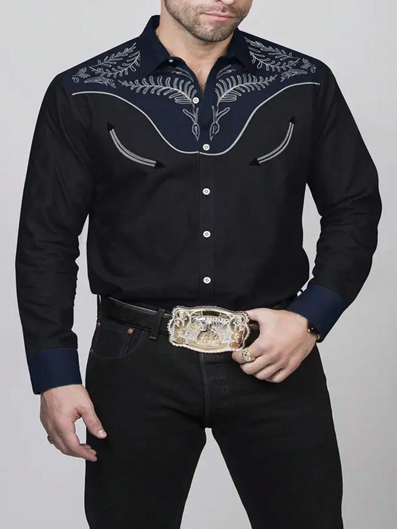 Men's Western Shirt Long Sleeve Embroidered Cowboy Casual Snap Button ...