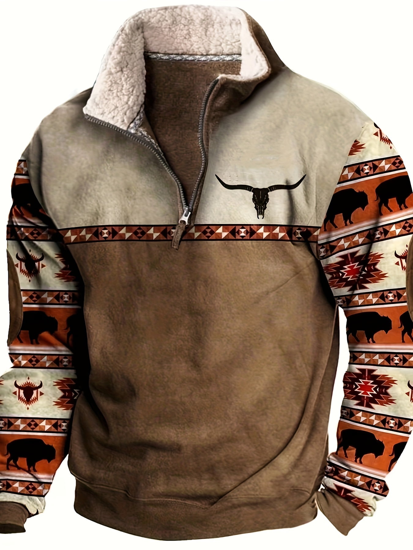 Men's Western Wool Jacket Denim Bull Head Print Pullover 1/4 Zipper ...