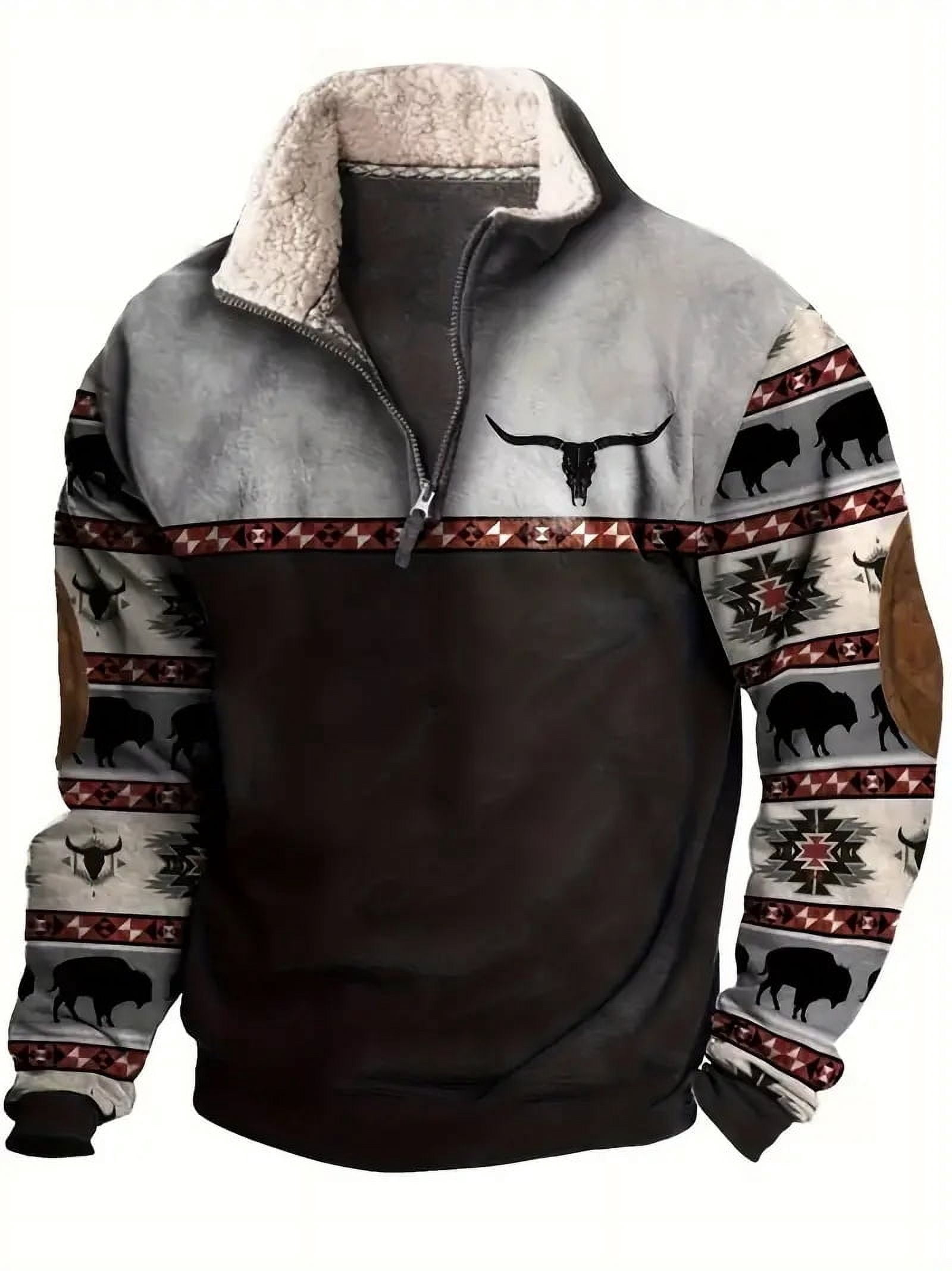 Men's Western Wool Jacket Denim Bull-Head Print Pullover – Quarter-Zip ...