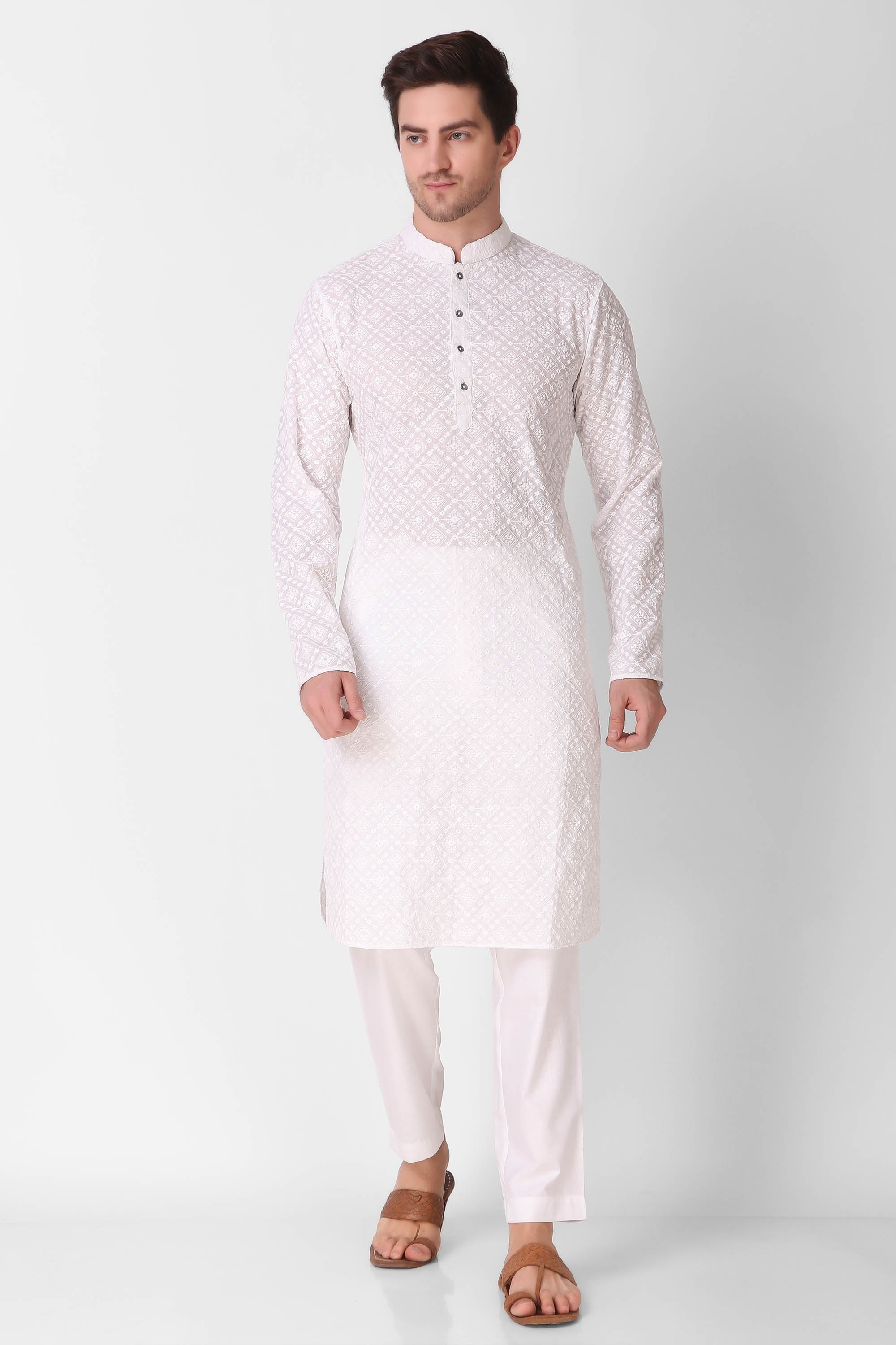 Men's White Color Indian Traditional Wear Tunic Cotton Kurta Pajama Set ...