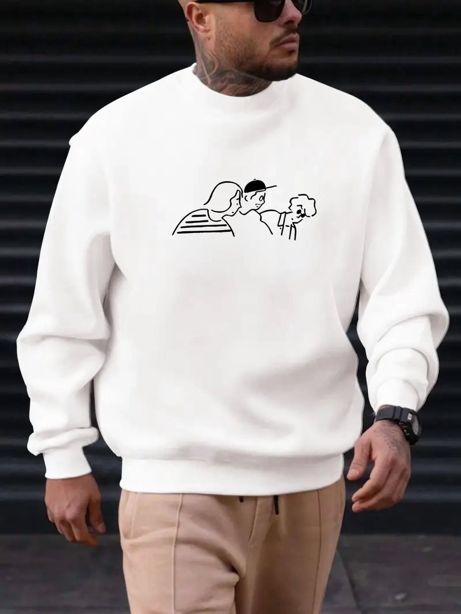 Men's White Minimalist Black Line Drawing Sweater - Casual Round Neck ...