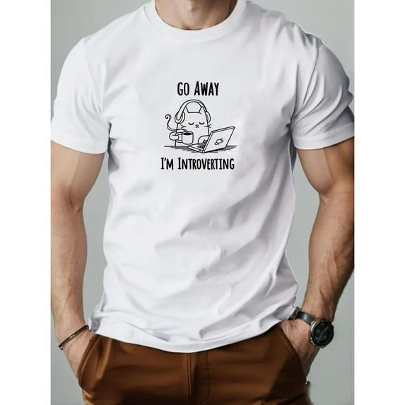 Men's White Print Tshirt Graphic Tees Shirts Introvert Cat "Go Away I's ...