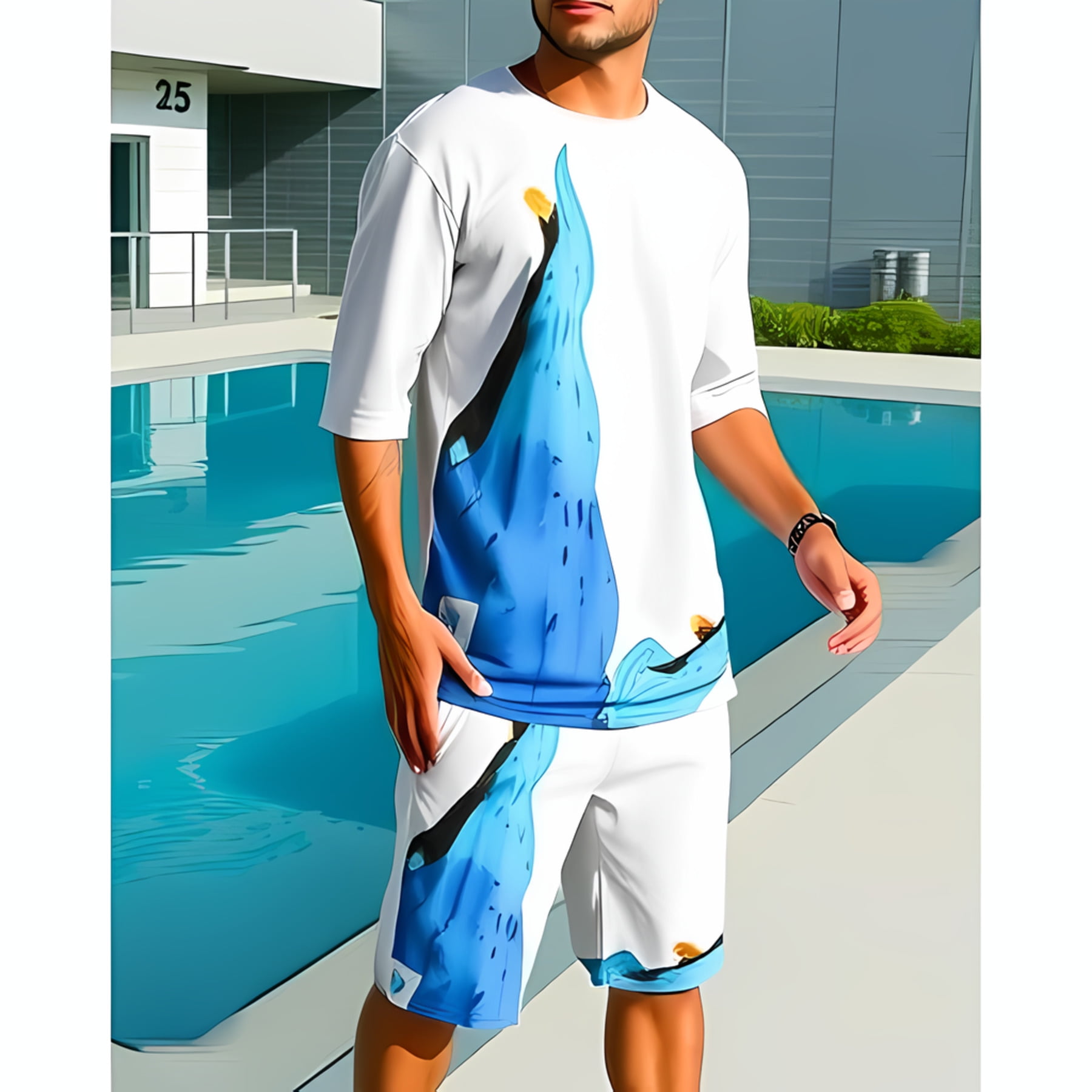 Men's White T-Shirt and Matching Shorts Set with Blue and Black ...