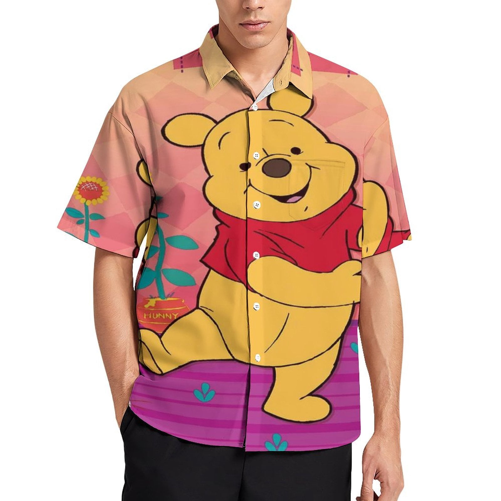 Men's Winnie The PooHawaiian Casual Button Down Cartoon Short Sleeve ...