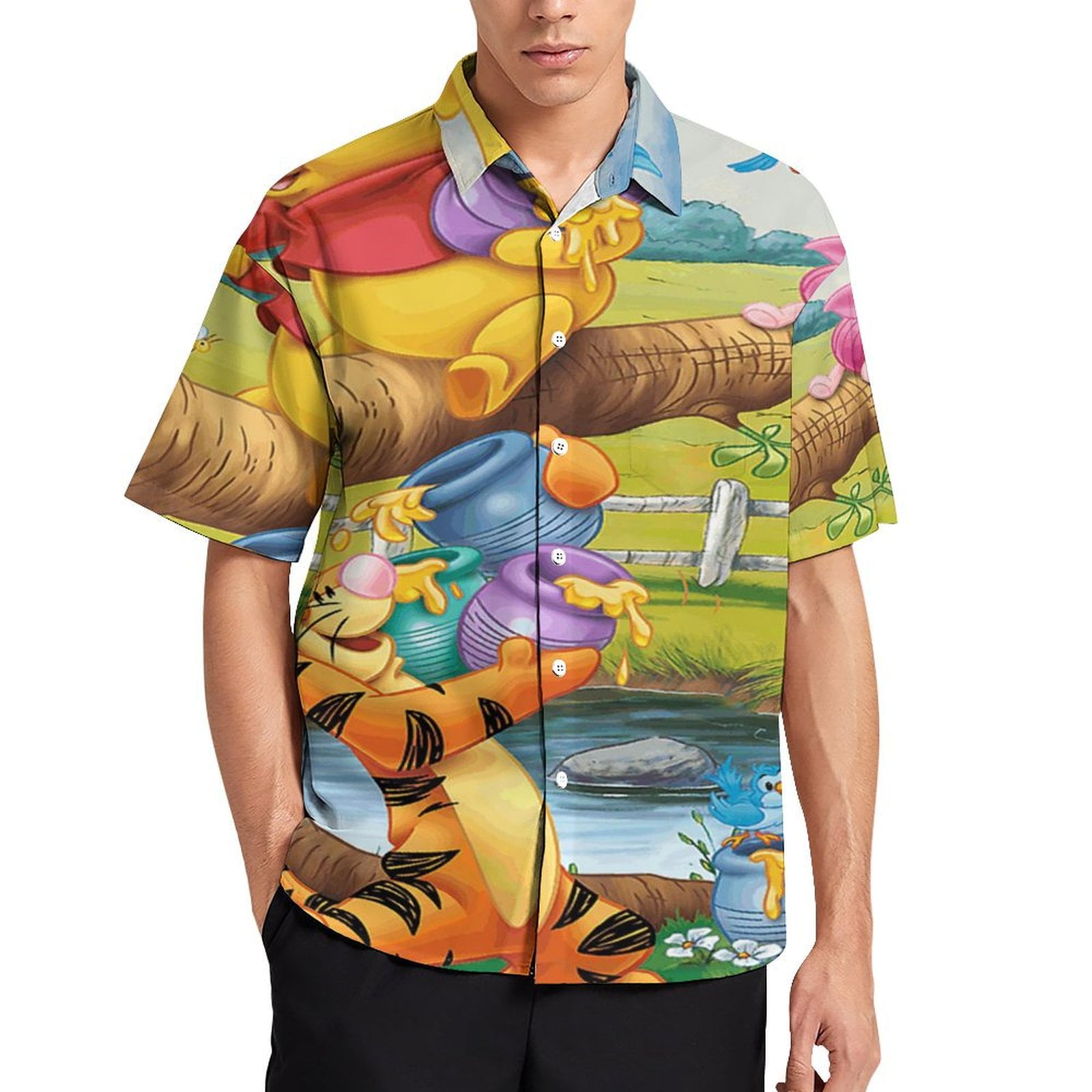 Men's Winnie The PooHawaiian Casual Button Down Cartoon Short Sleeve ...