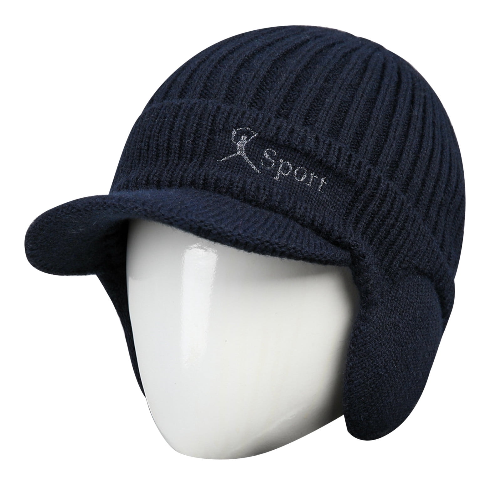 Men's Winter Hat with Earflaps Knit Baseball Cap with Brim Ski Hat Warm ...