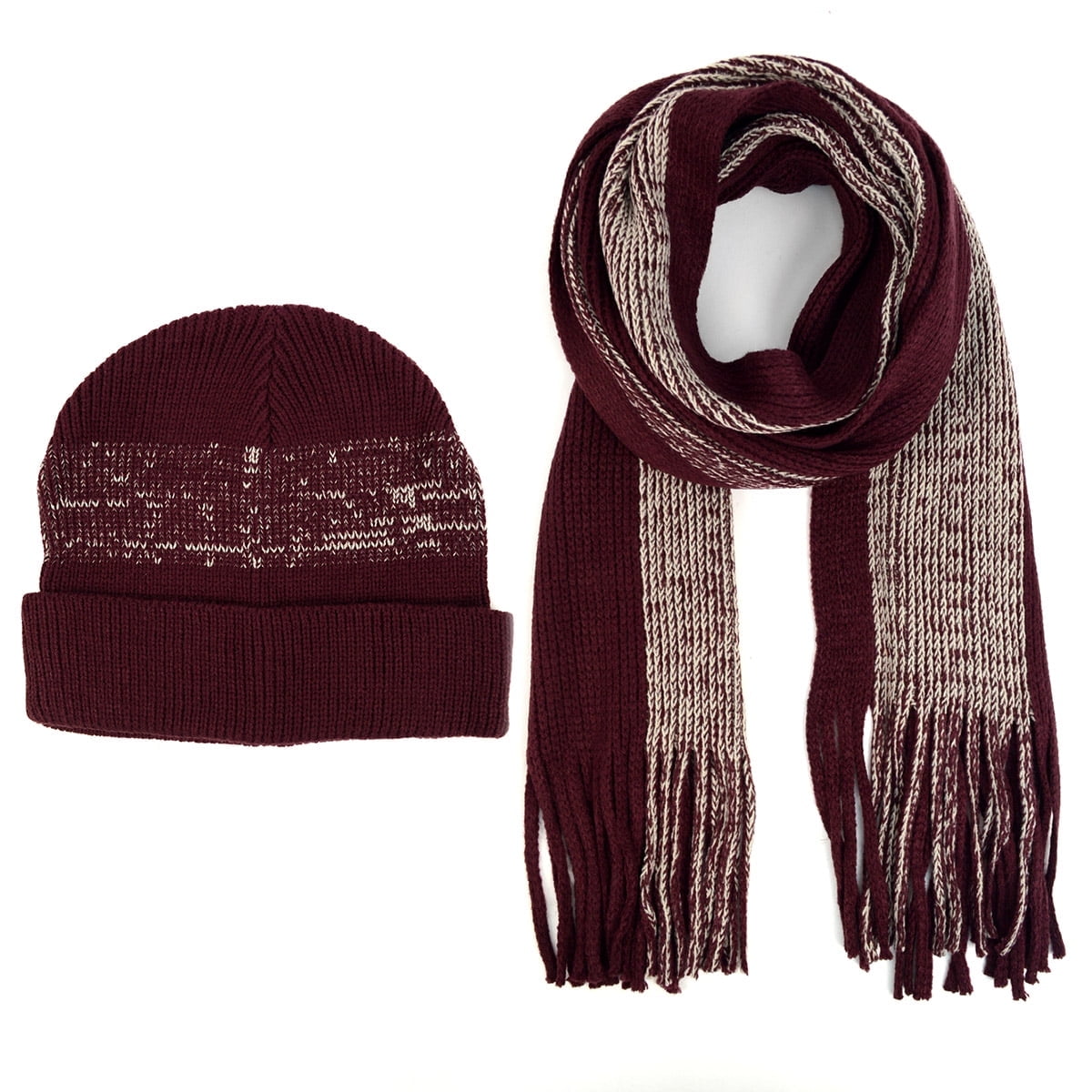 Men's Winter Knit Scarf and Hat Set-Warm and Soft Acrylic Scarf and Beanie Hat-Burgundy and ...
