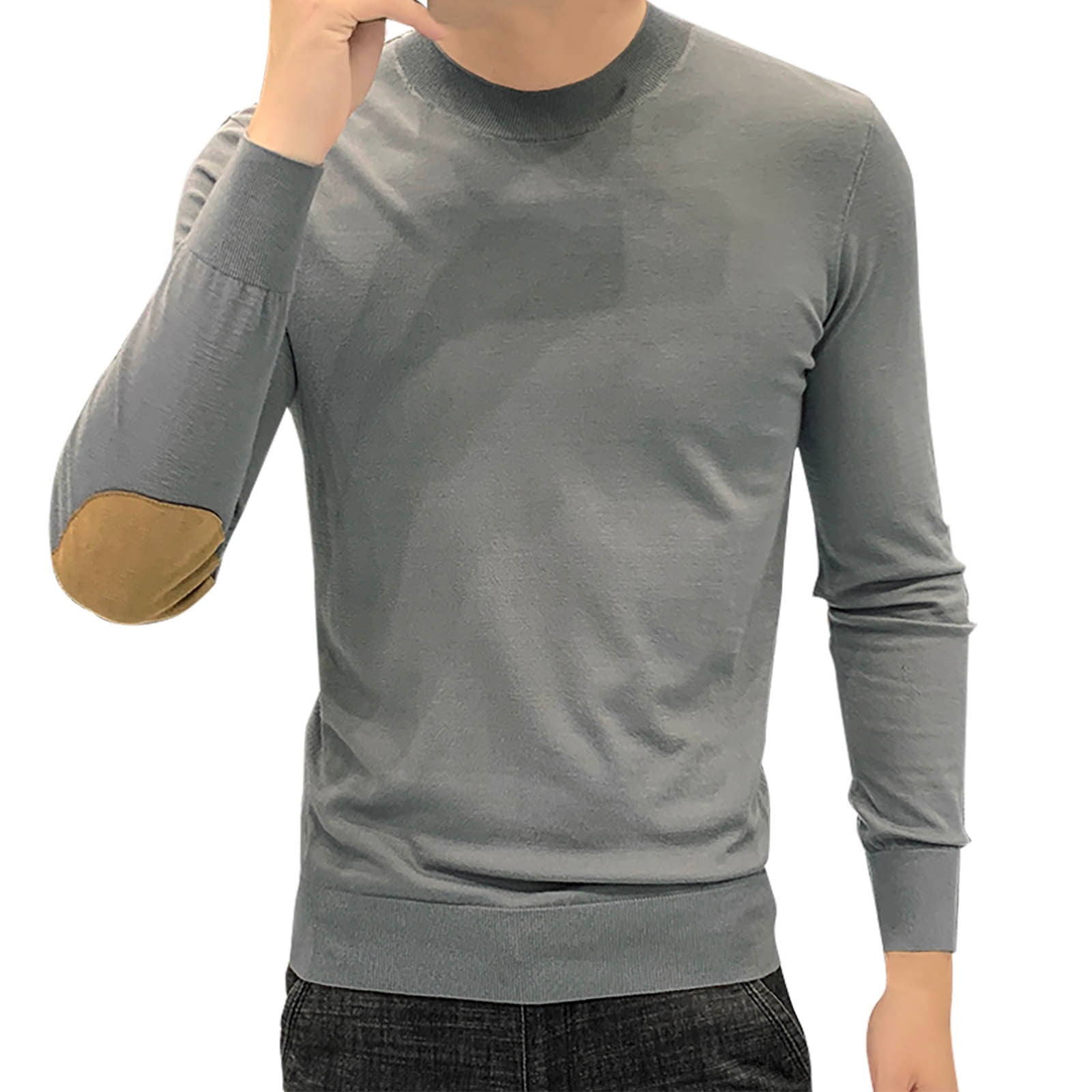 Men's Winter Vintage Sweater Crewneck Elbow Patch Thick Slim Fit ...