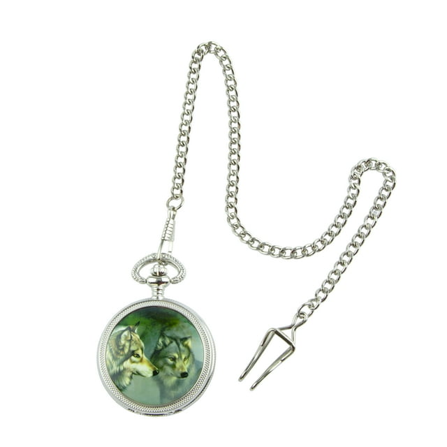 Men's Wolf Embossed Pocket Watch with 13-inch Chain in Polished Silver ...