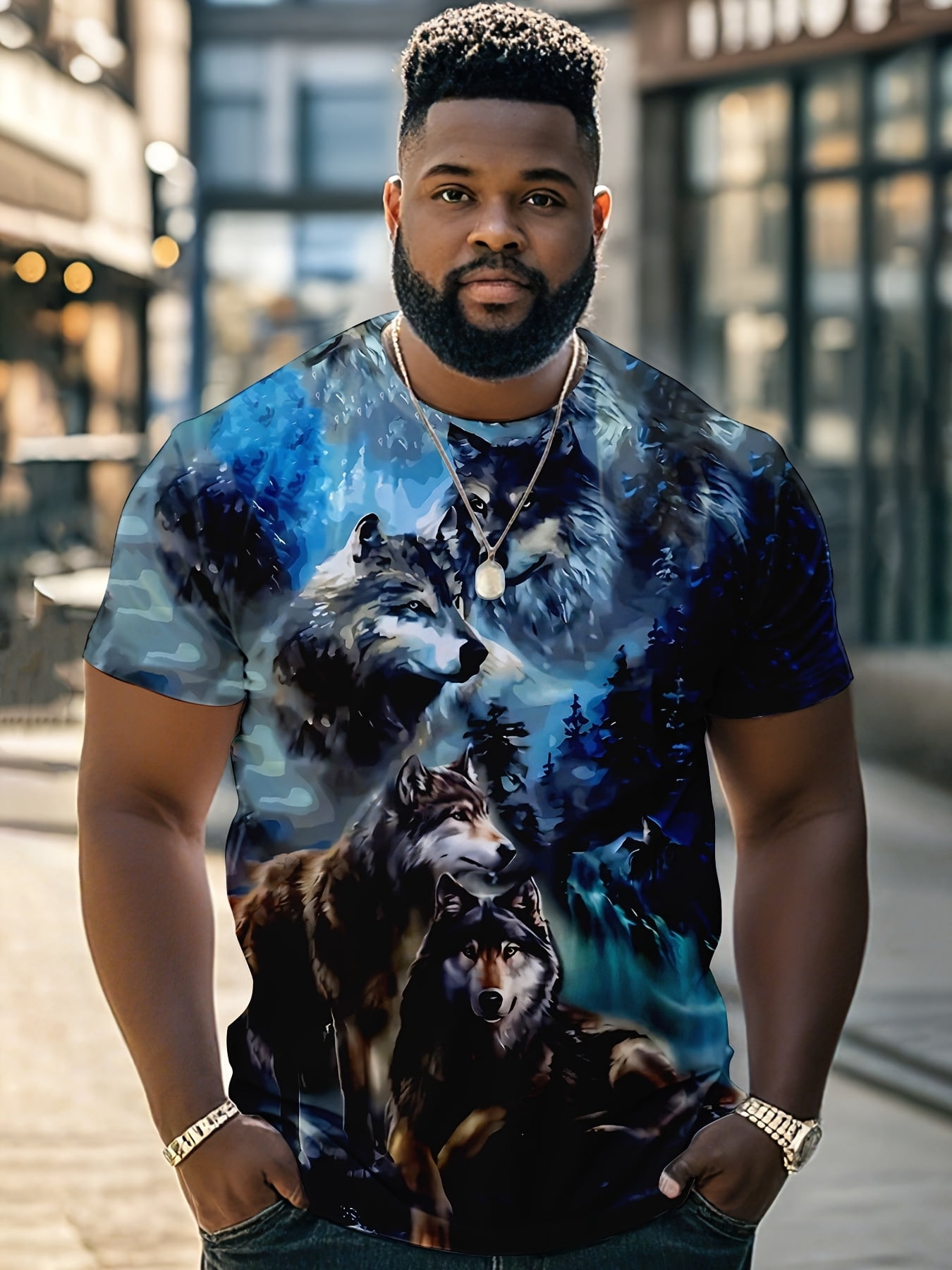 Men's Wolf Head Print T-Shirt - Eye-catching Blue and Black Wolf ...