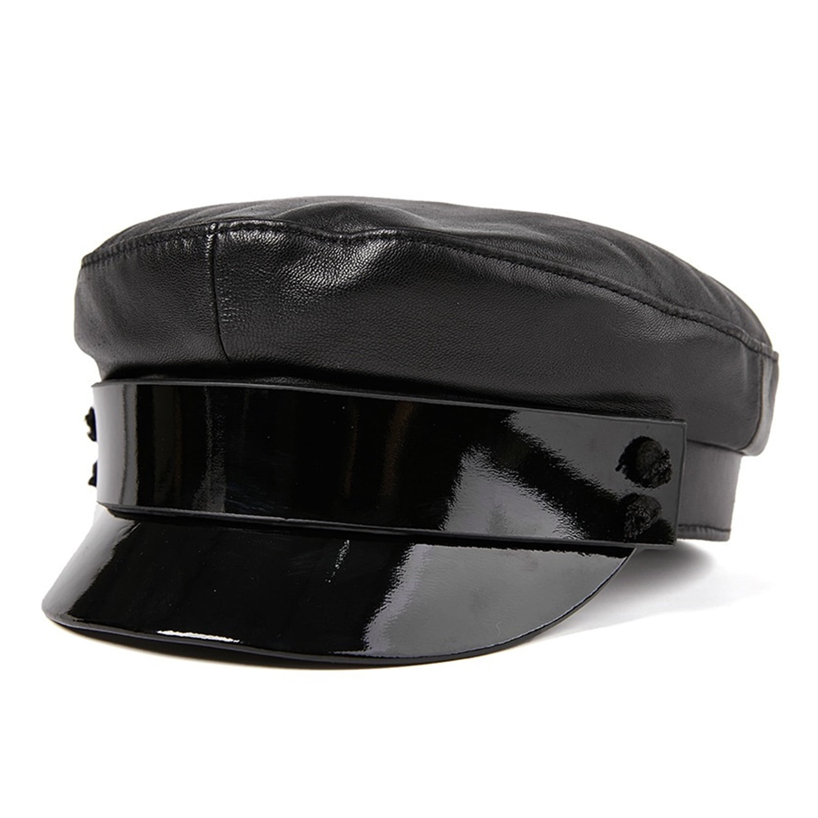 Men's Women Flat Top Genuine Leather Biker Cap with Chain, Black ...