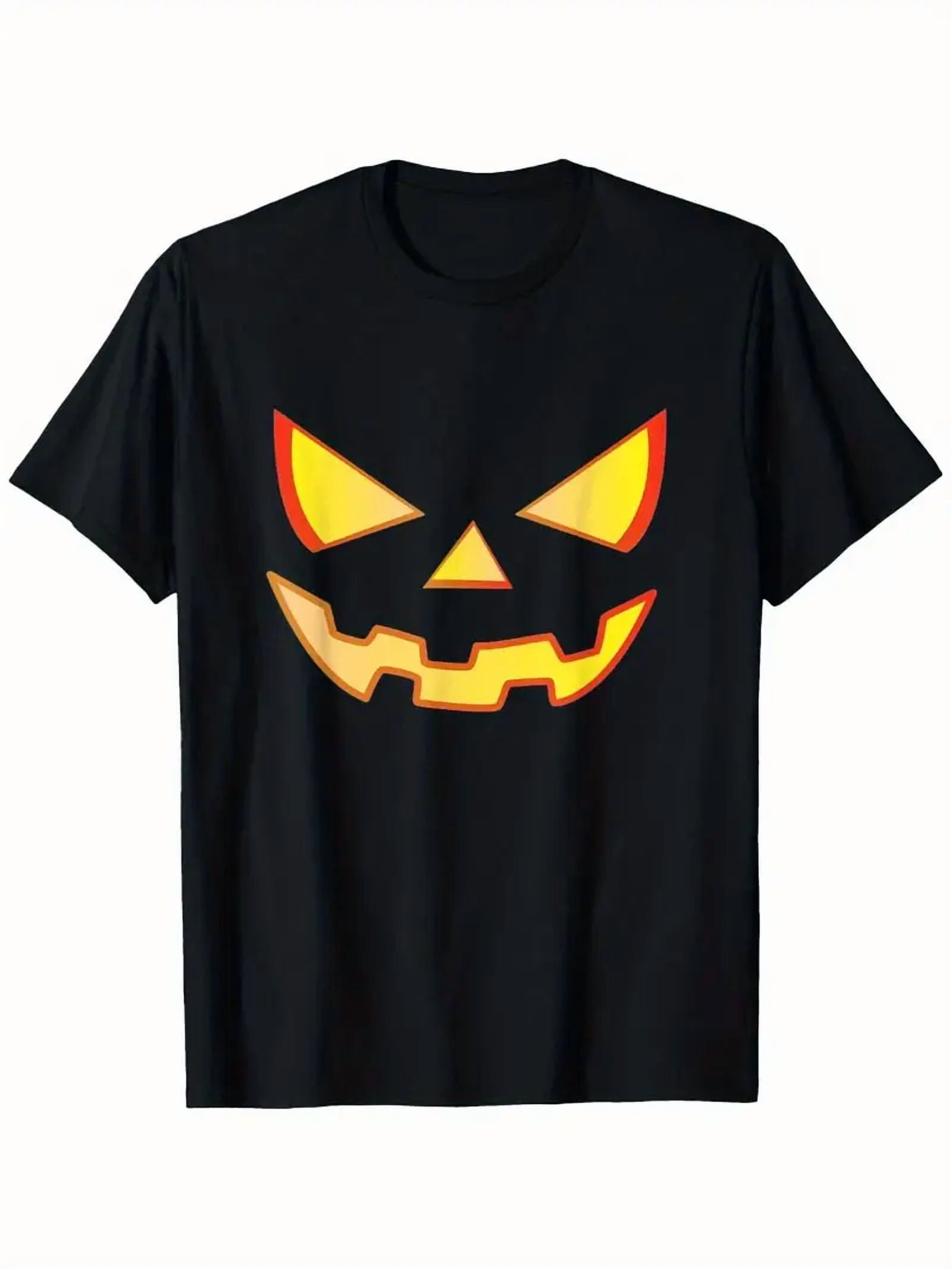 Men's & Women's 100% Cotton Jack-O-Lantern Face Print T-Shirt - Black with Glowing Eyes & Orange ...