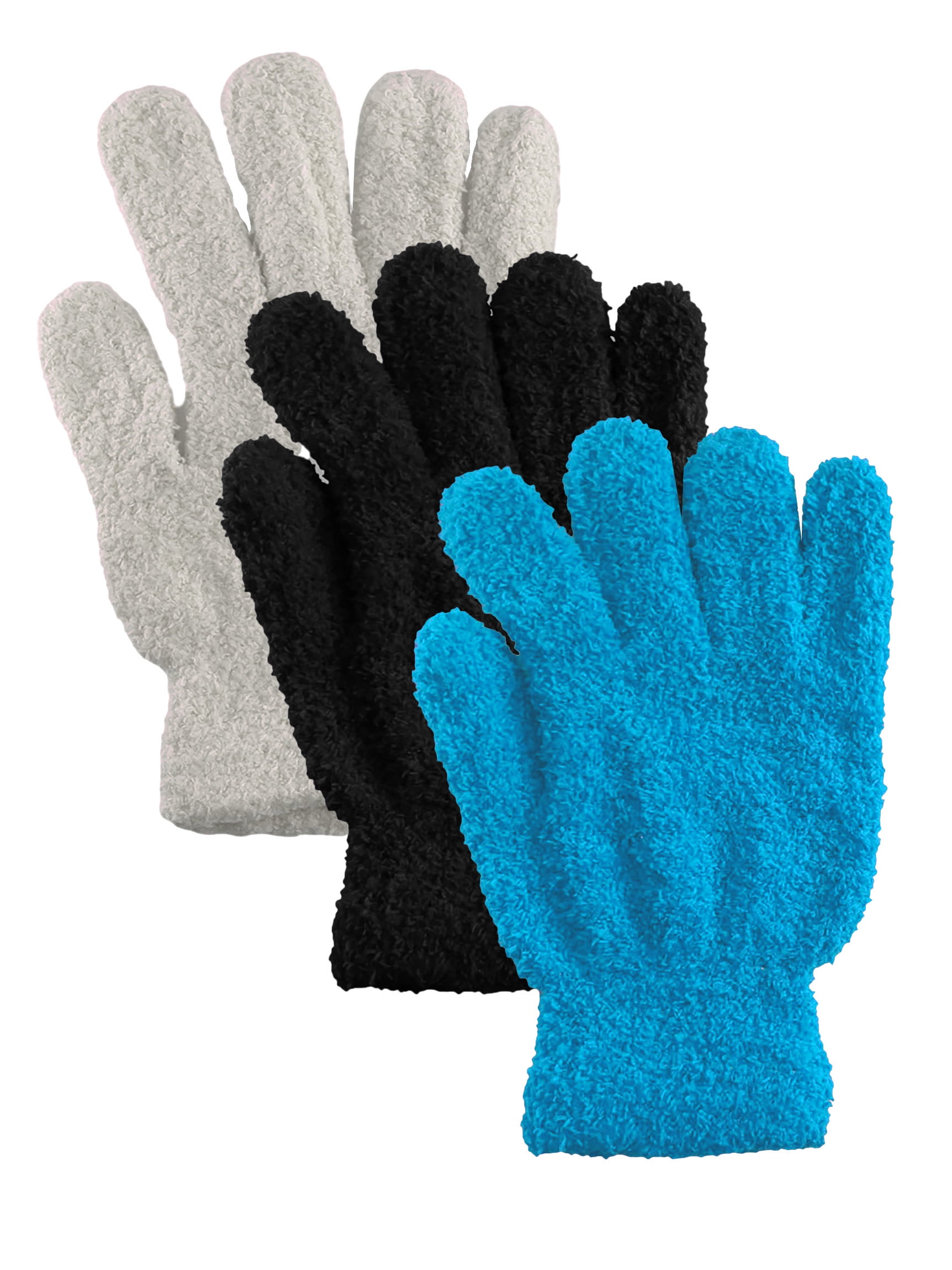 Men's Women's Warm Winter Fuzzy Cozy Gloves, 3 Pack White,Black,Light ...