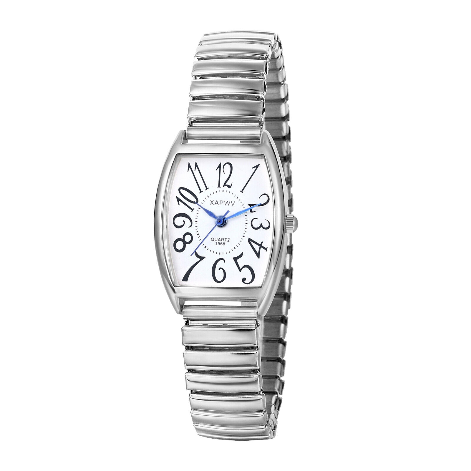 Men's Womens Square Easy to Read Stainless Steel Elastic Band Quartz ...