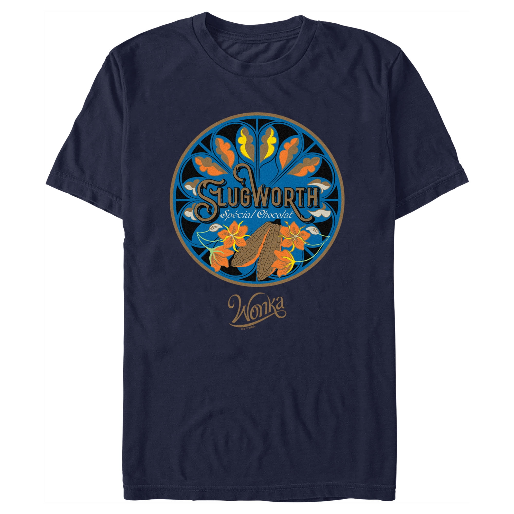 Men's Wonka Slugworth Chocolate Logo Graphic Tee Navy Blue Large ...