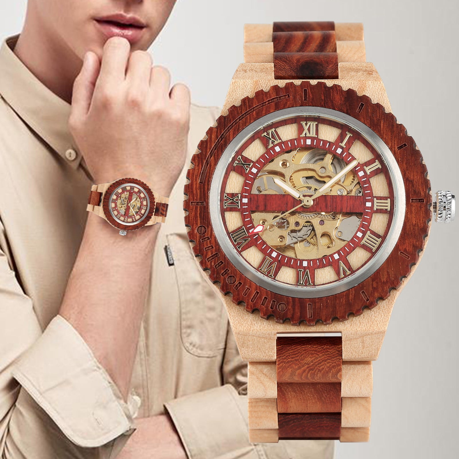 Men's Wooden Watch Triangle Skeleton Automatic Watch Mechanical Wood ...