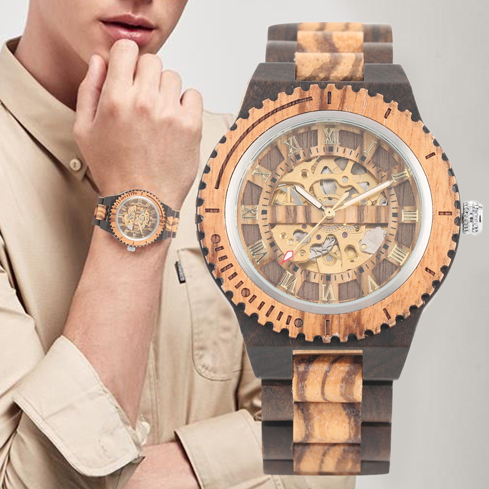Men's Wooden Watch Triangle Skeleton Automatic Watch Mechanical Wood ...