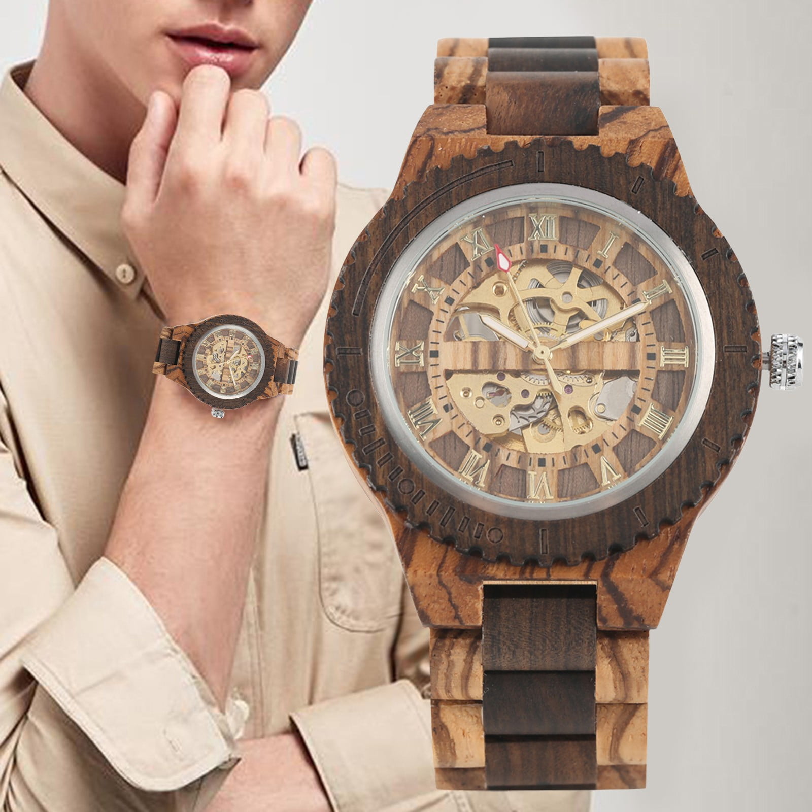 Men's Wooden Watch Triangle Skeleton Automatic Watch Mechanical Wood ...