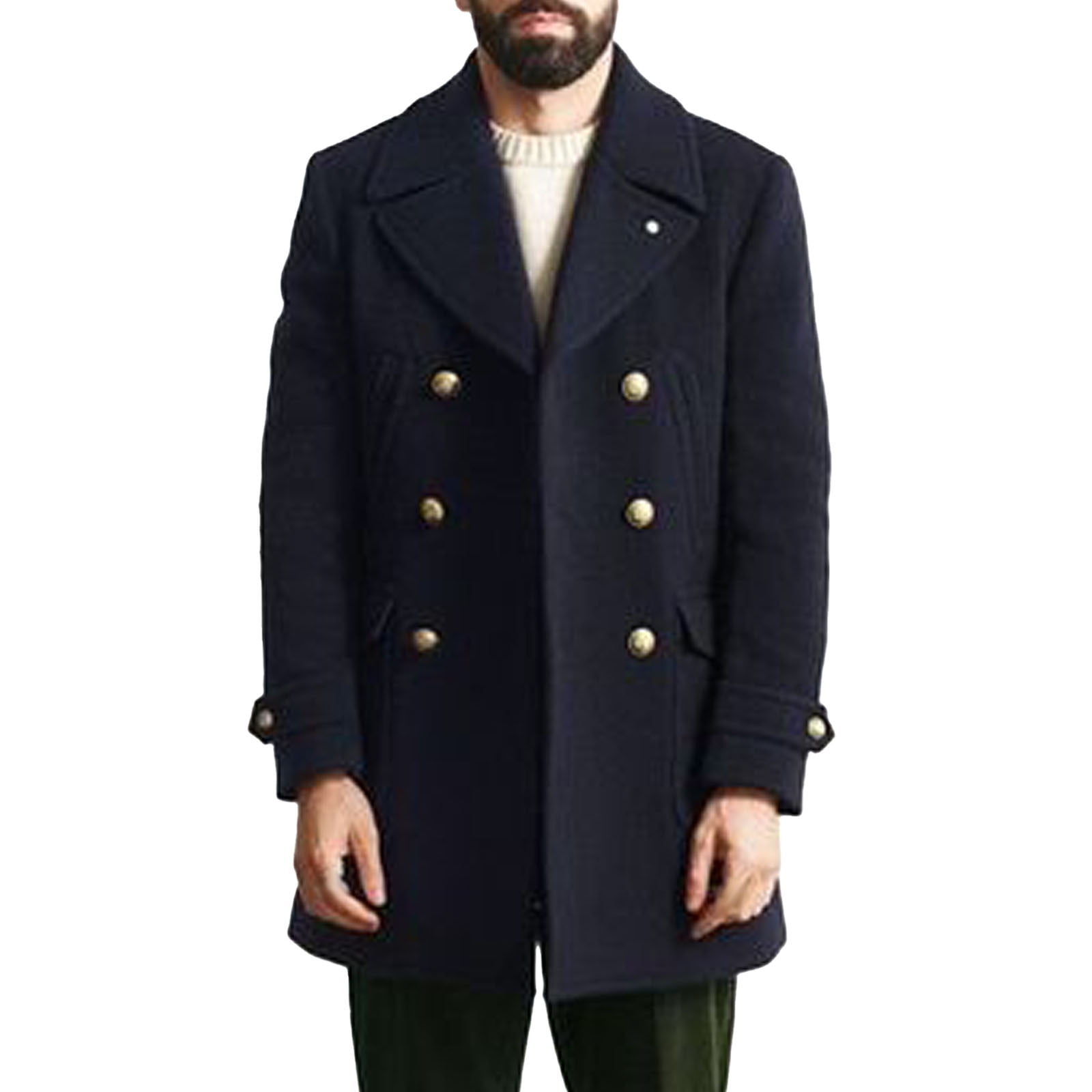 Men's Wool Blend Trench Coat Winter Military Double-Breasted Warm ...