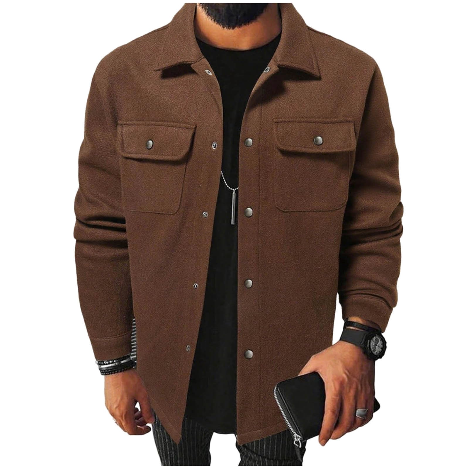 Men's Wool Jackets Casual Long Sleeve Shacket Button Down Shirt Jacket ...