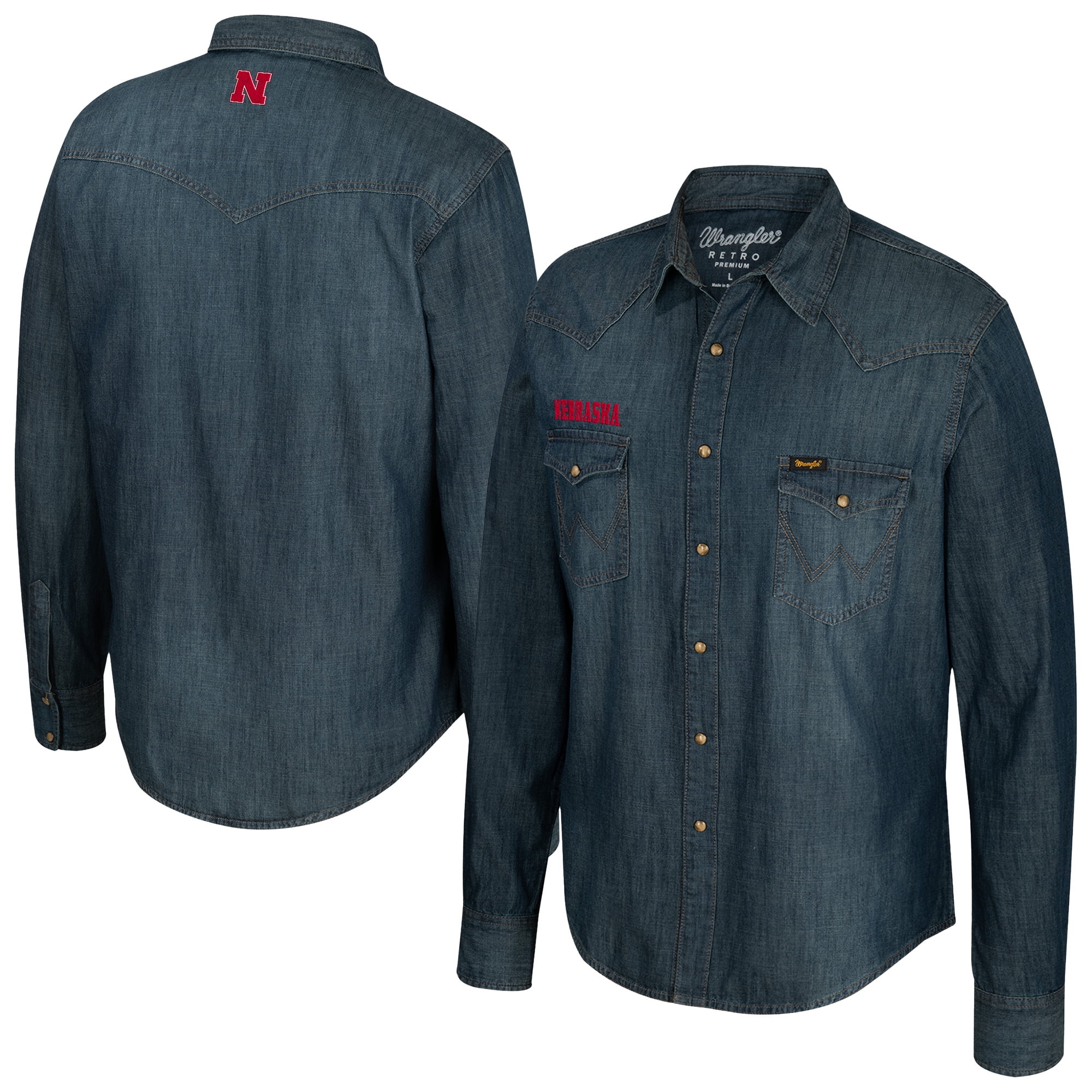 Men's-Wrangler Denim Nebraska Huskers Denim Full-Snap Long Sleeve Shirt ...