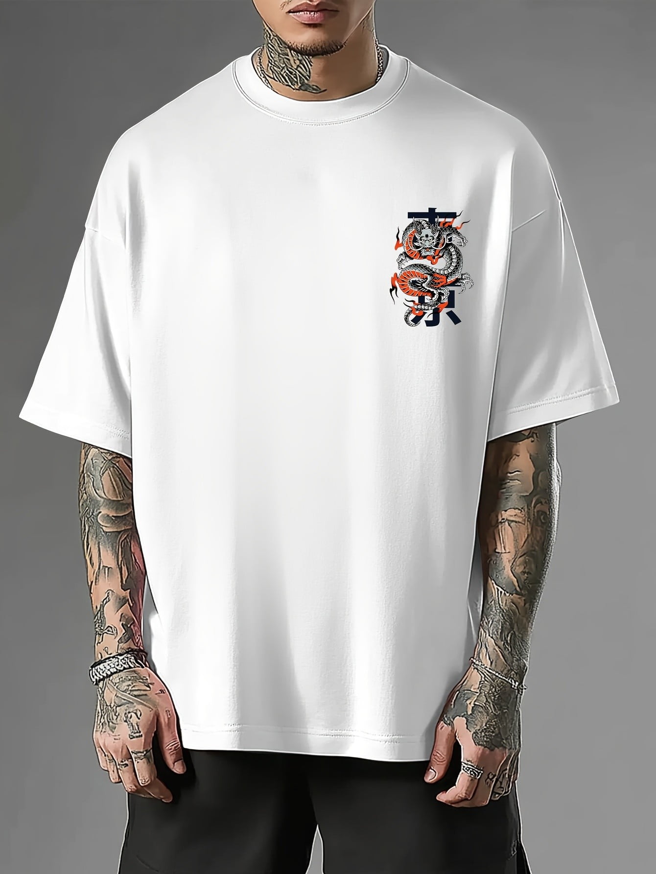 Men's Y2K Dragon & Cherry Blossom Graphic T-Shirt - Casual Summer Tee with Bold Japanese Print ...