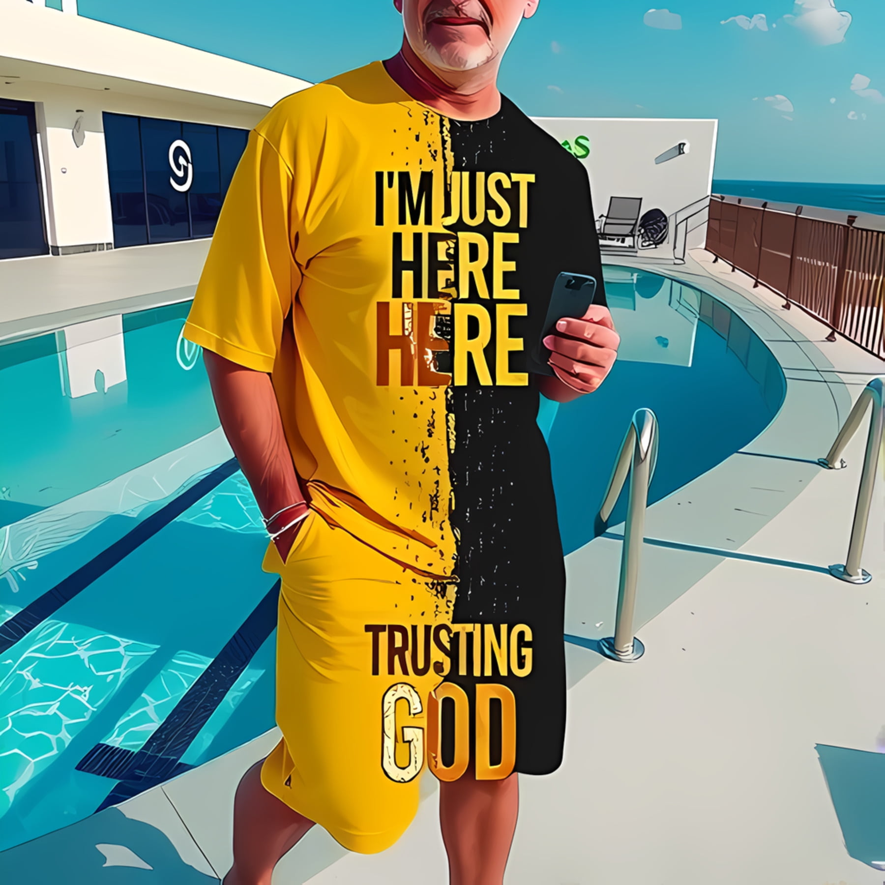 Men's Yellow and Black Graphic T-Shirt and Shorts Set - " I'M JUST HERE ...