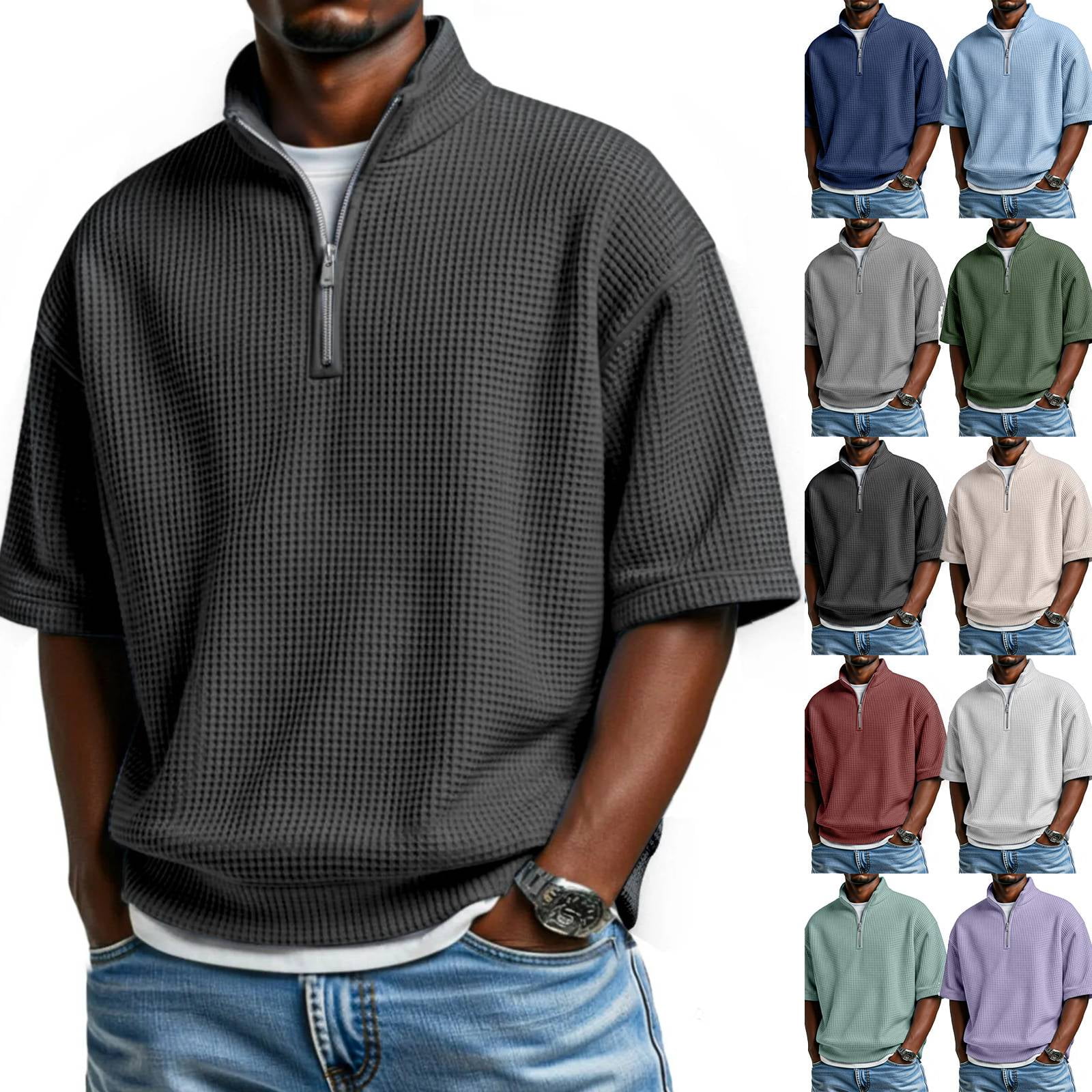 Men's Zipper Polo Shirts Short Sleeve Waffle Ribbed Knit Polo T Shirts ...