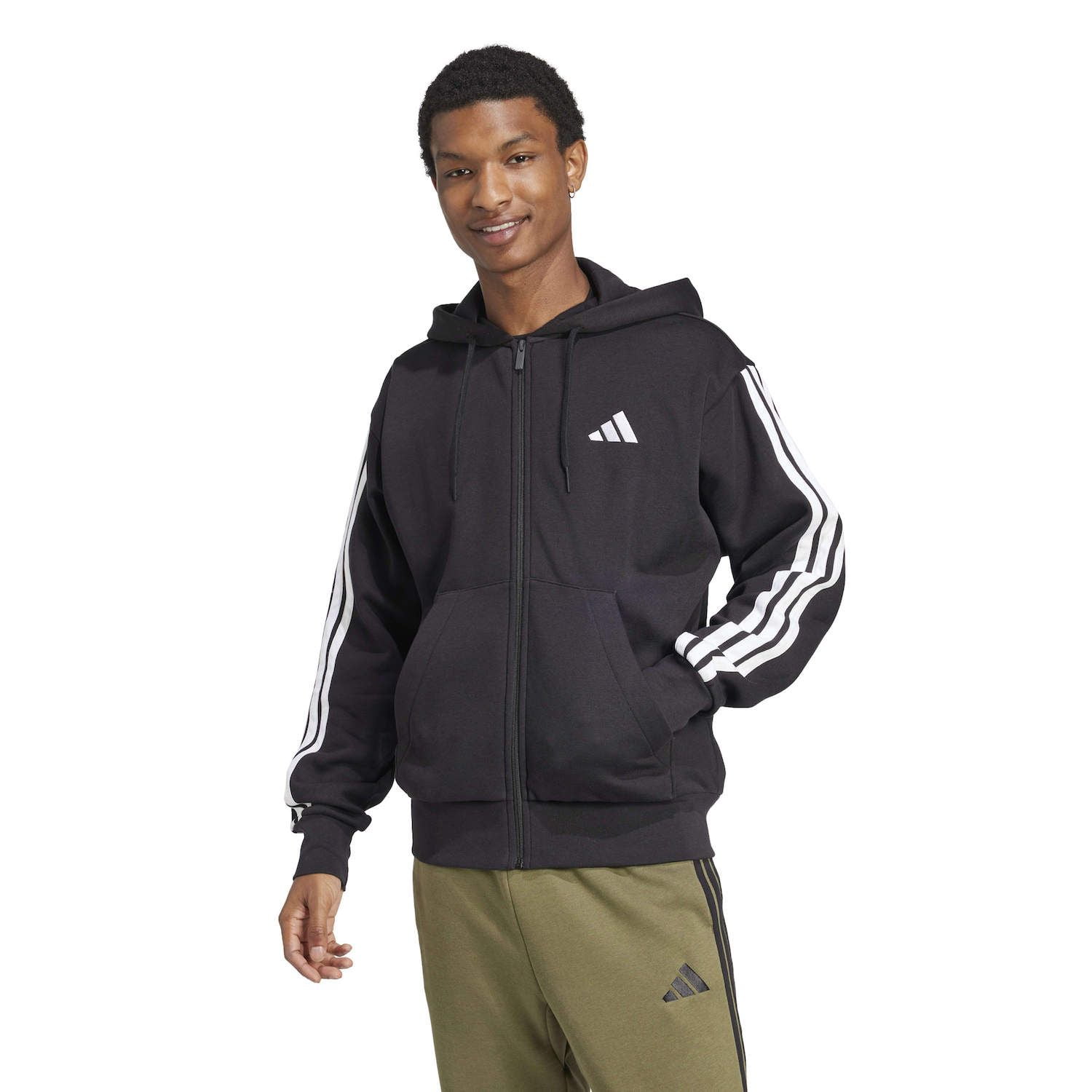 Men's adidas Essentials 3-Stripes Fleece Sportswear Zip Front Hoodie Color: Black White Size: S ...
