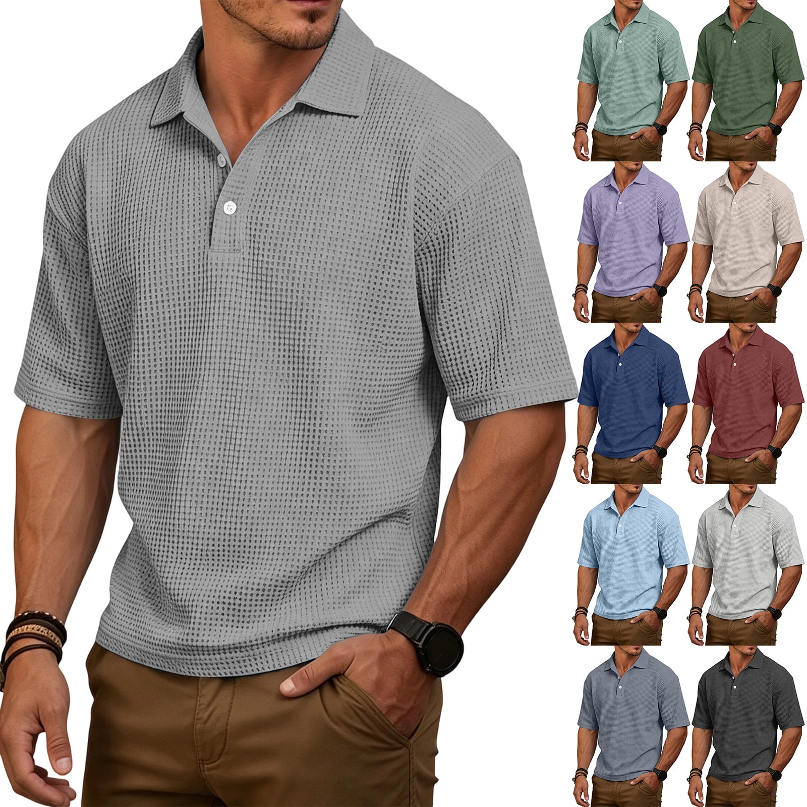 Men's and Big Men's Waffle Knit Polo Shirts Moisture Wicking Short ...