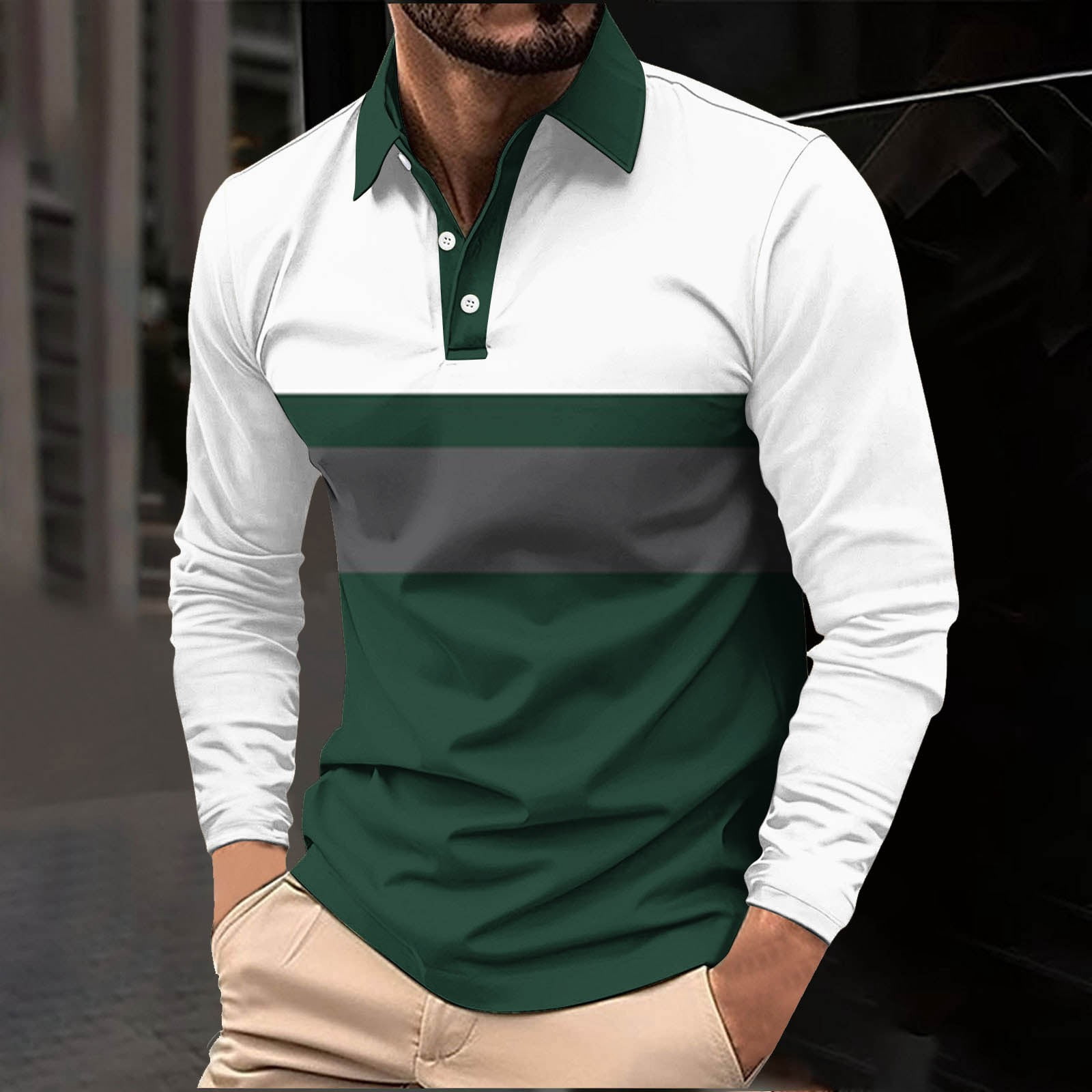 Men's casual long sleeved shirt fashionable 3-button shirt printed long ...
