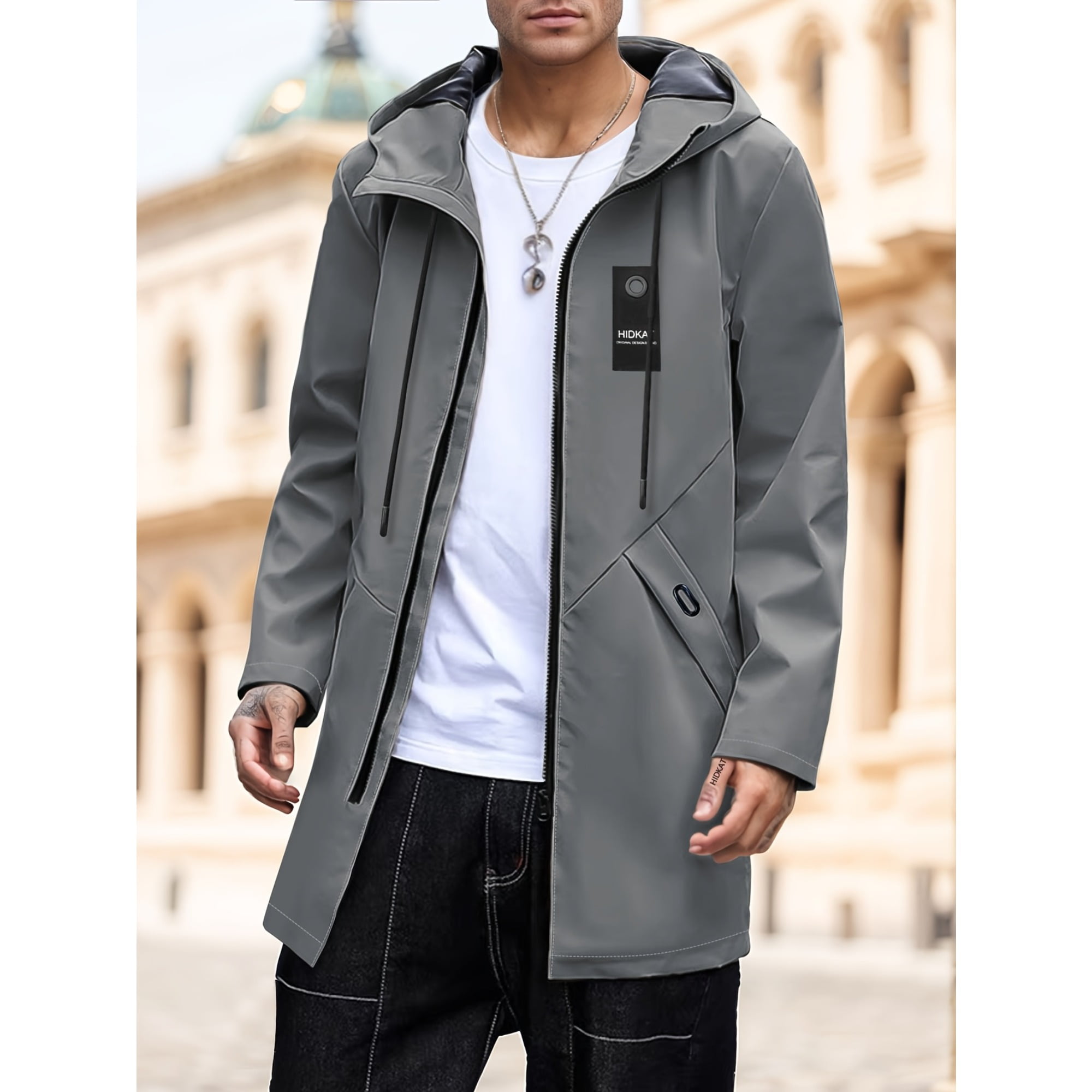 Men's casual mid-length hooded jacket, soft shell lightweight design ...