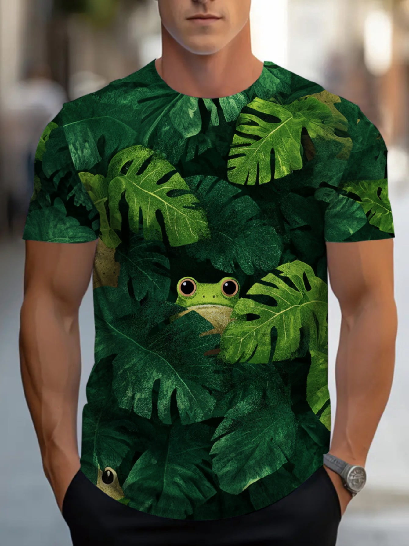 Men's casual polyester T-shirt with tropical frog print, lightweight ...