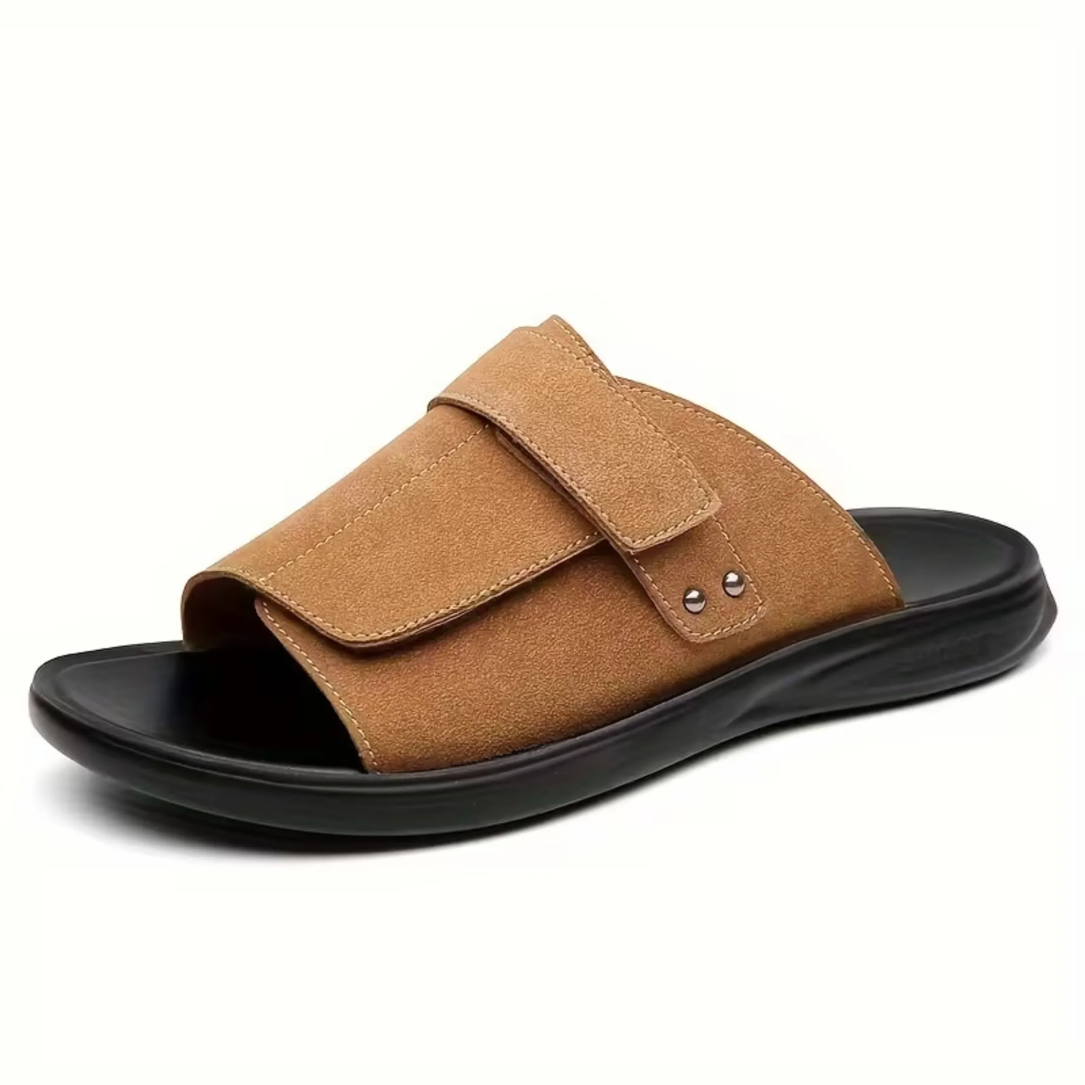 Men's leather flat sandals, casual open-toe, comfortable support, soft ...