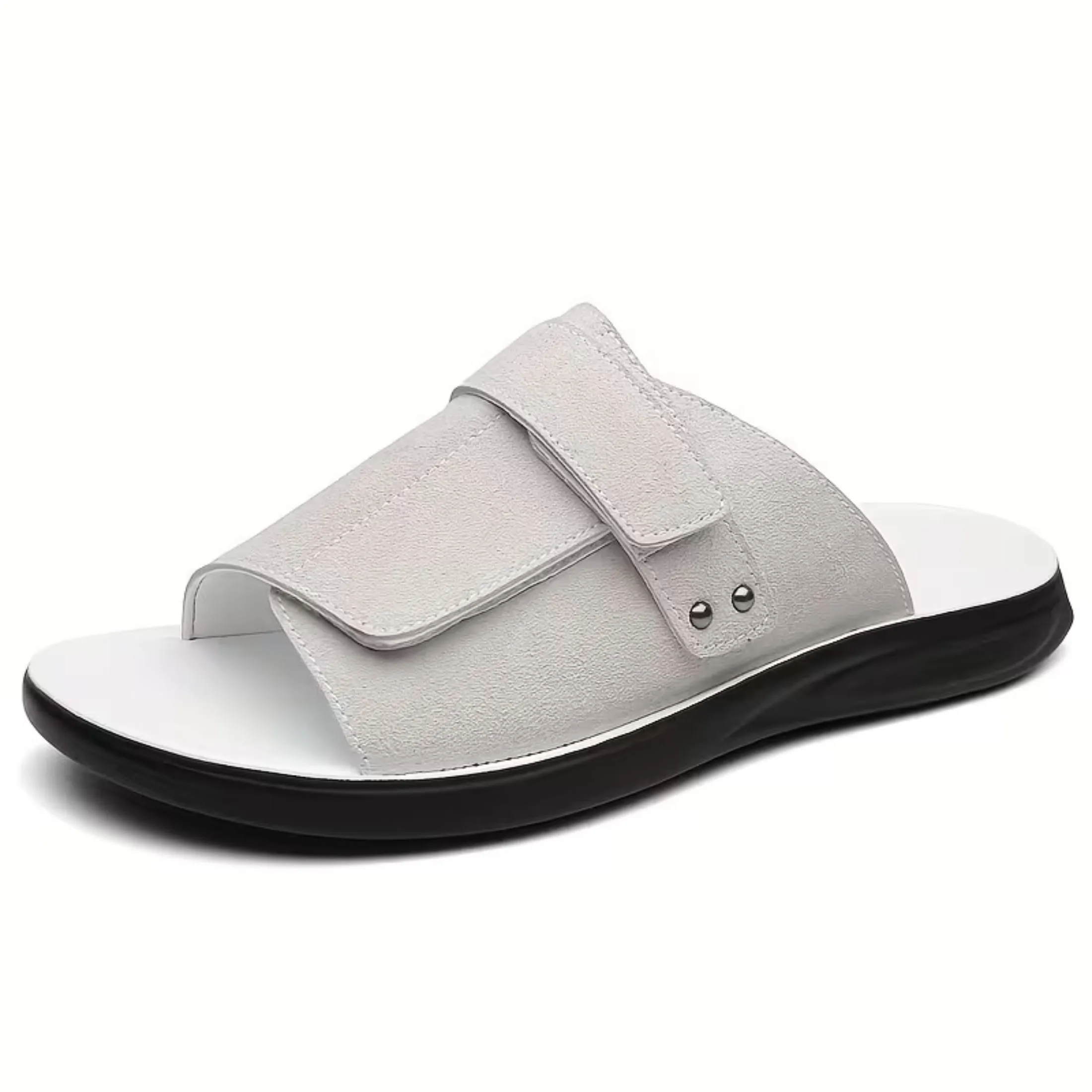Men's leather flat sandals, casual open-toe, comfortable support, soft ...