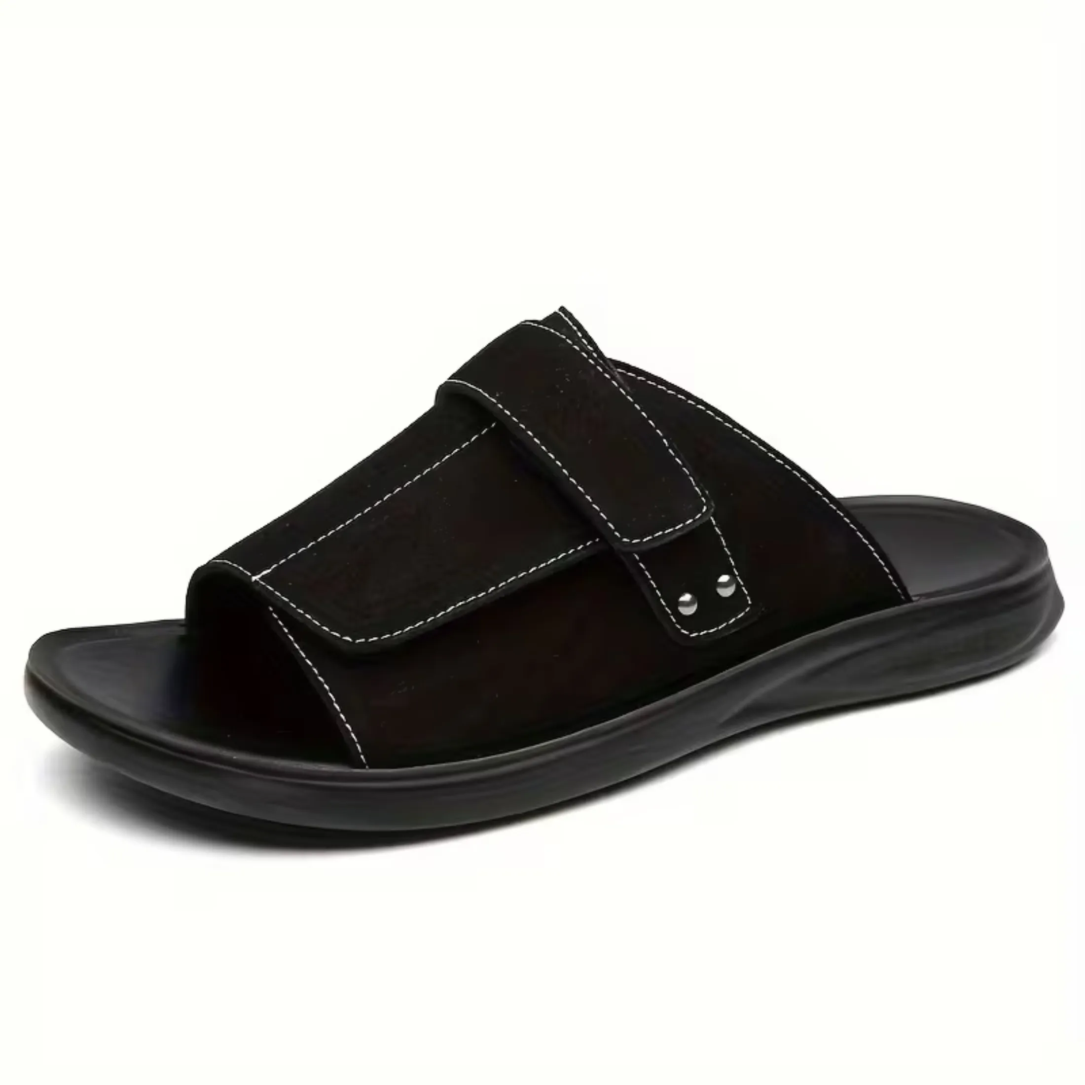 Men's leather flat sandals, casual open-toe, comfortable support, soft ...