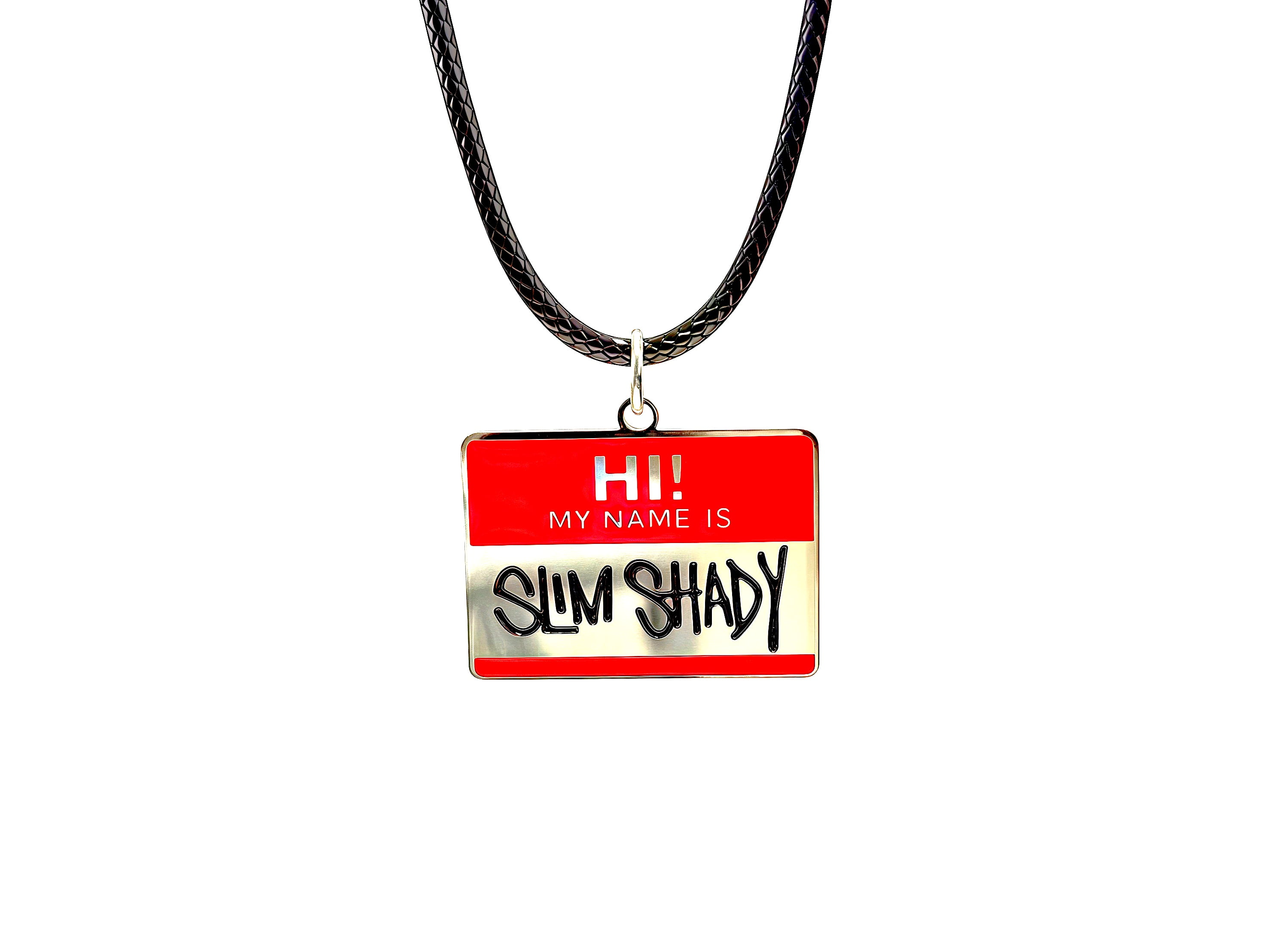 Men's leather rope necklace black Iced Out Name Tag Pendant Necklace ...