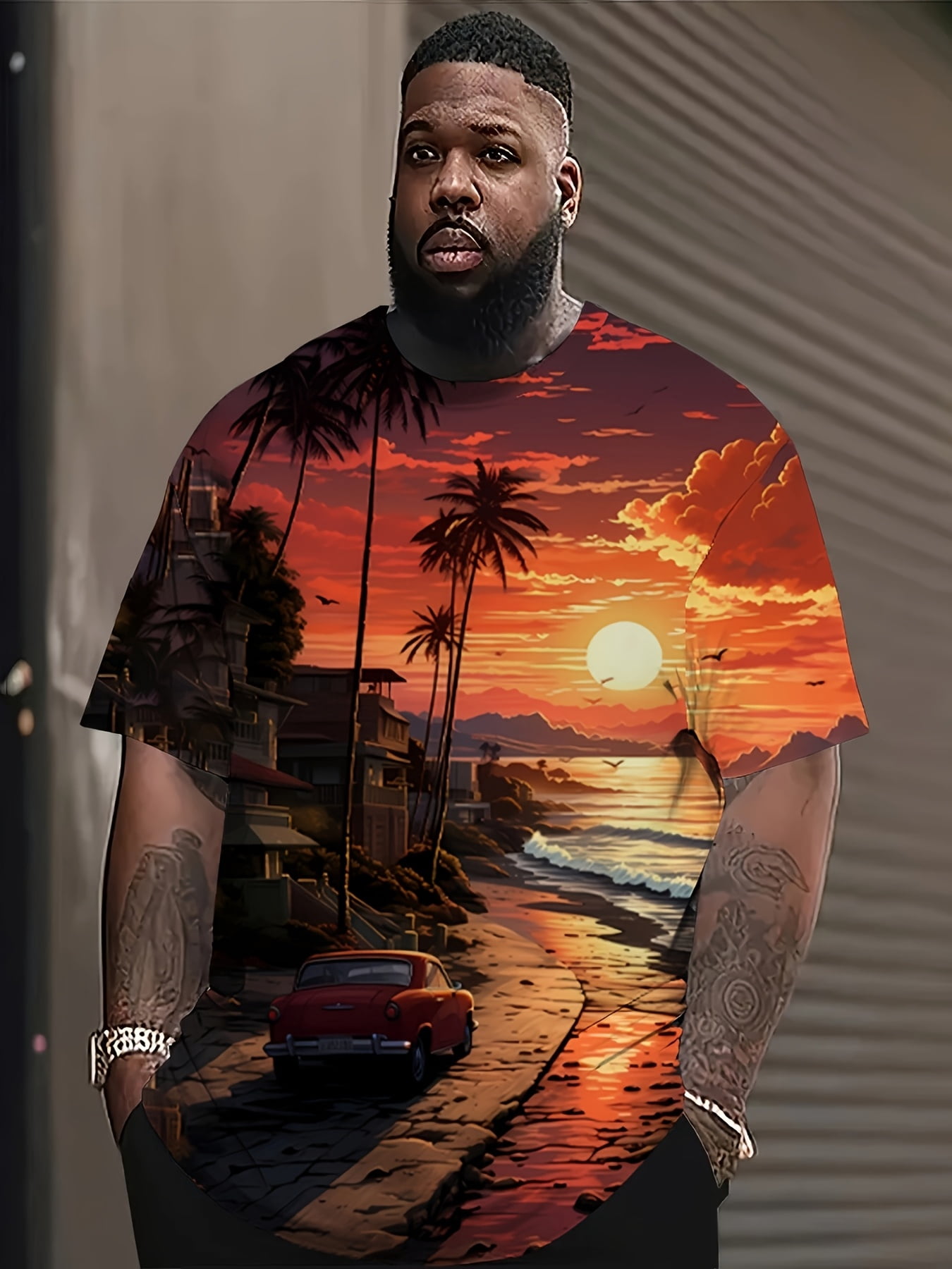 Men's plus Size 3D Tropical Sunset Palm Tree Print T-shirt, Vibrant ...