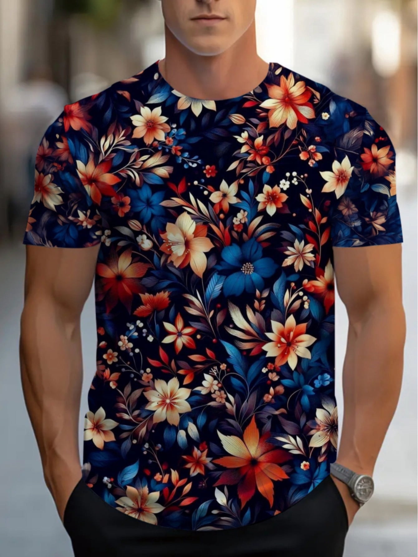 Men's restaurant wear floral printed T-shirt, comfortable fabric, navy ...