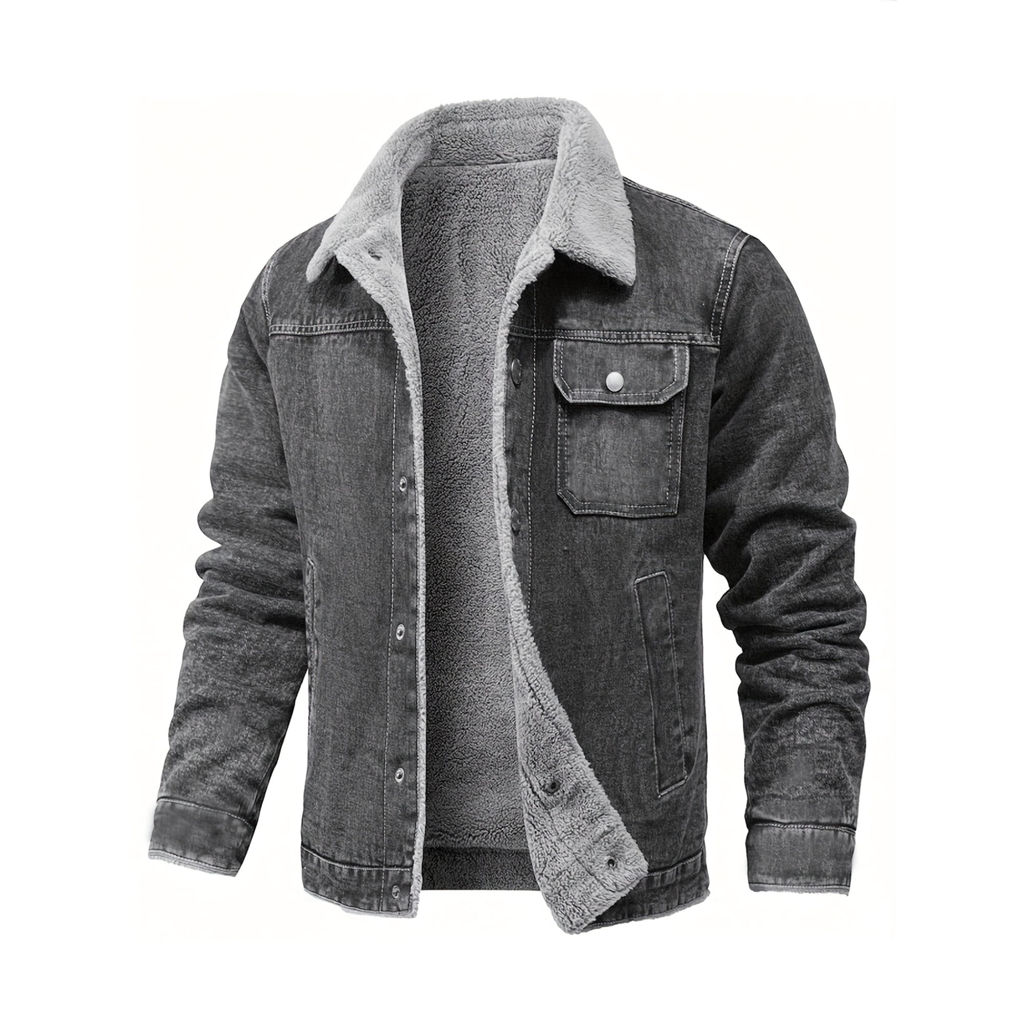 Men's retro washed denim jacket - thickened fleece lining for warmth ...