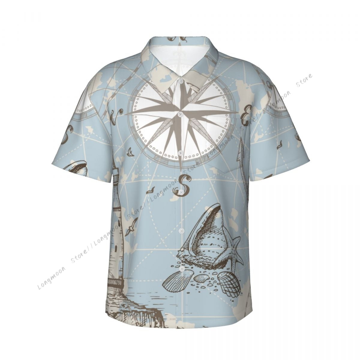 Men's short-sleeved l Map With Compass Lighthouse Anchor And Seashells ...
