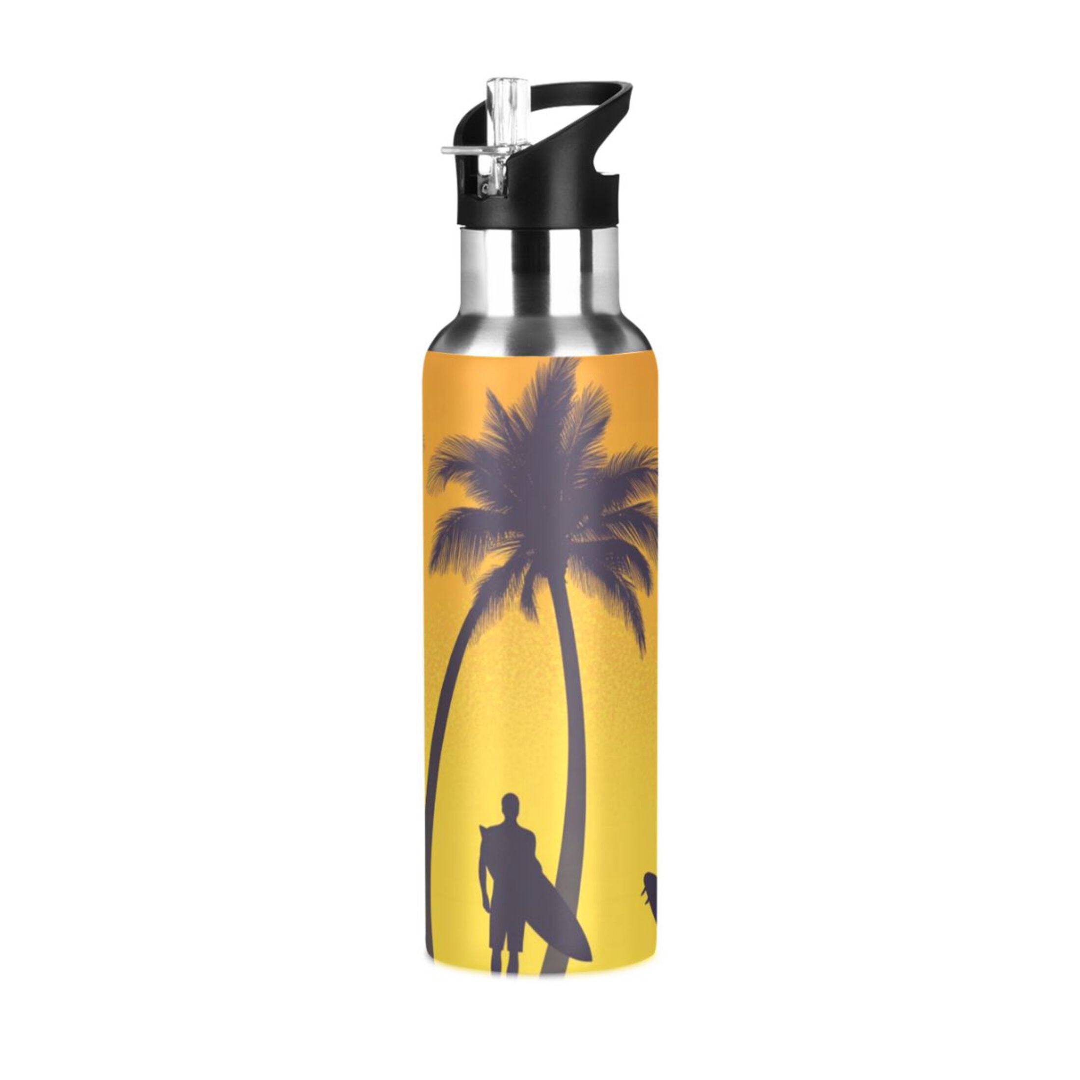 Men with Surfboards Palm Trees Sports Bottle with Straw Stainless Steel ...