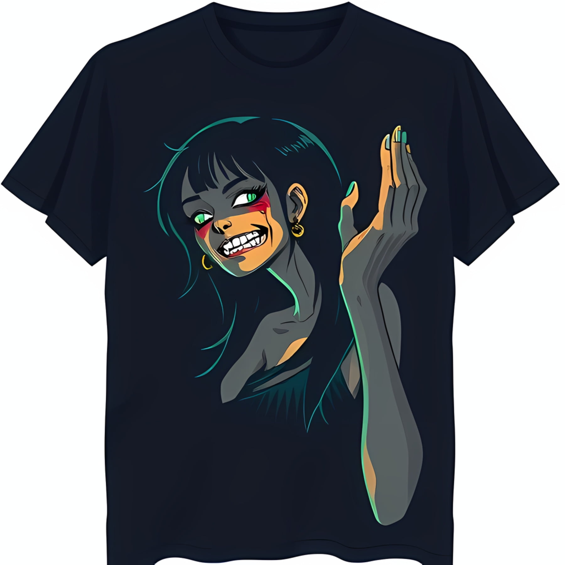 Menacing Dark Haired Woman Graphic T-Shirt Red Eyes & Grotesque Smile ...