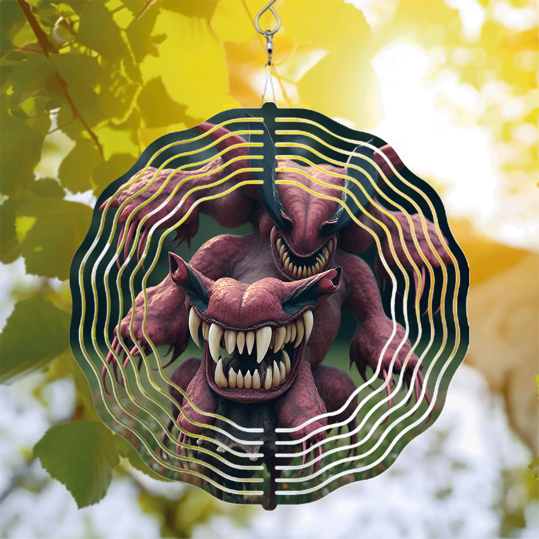 Menacing Horned Creatures Metal Wind Spinner - Dynamic Wave Pattern ...