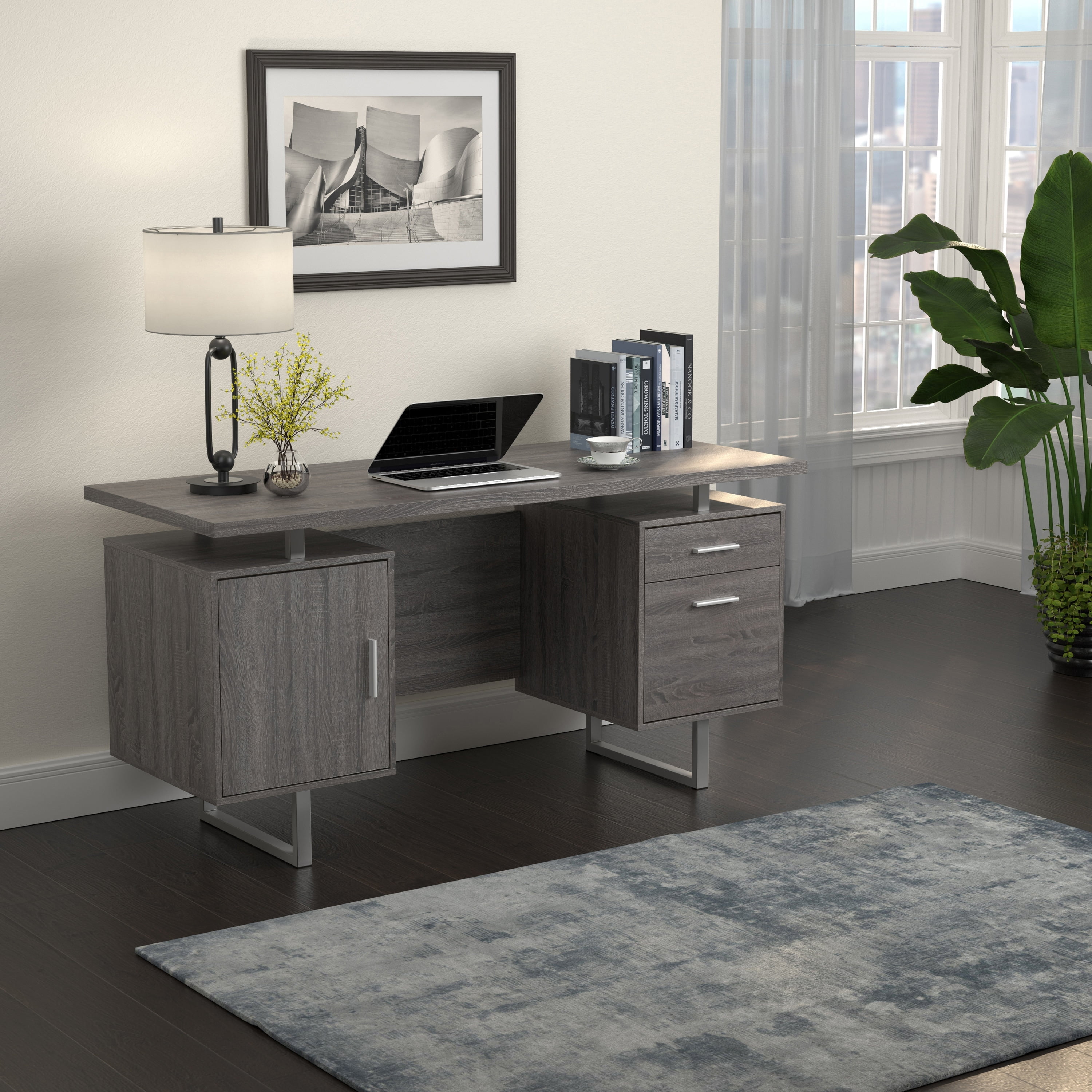 Mendecino 2-drawer Floating Top Office Desk Weathered Grey and Silver ...