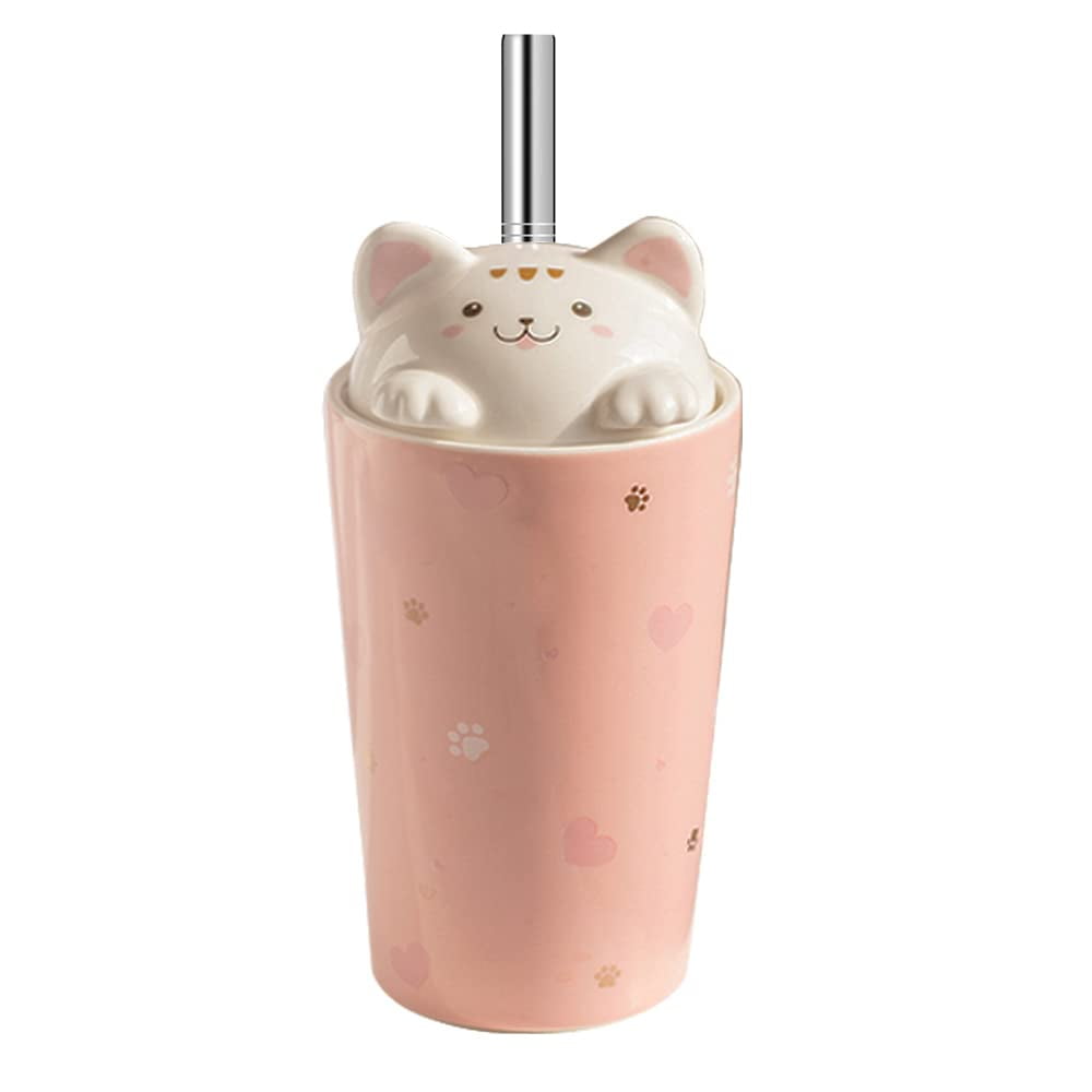 Mengcat Ceramic Pink Cat Coffee Mug with Straw and 3D Kitty Lid, Travel ...