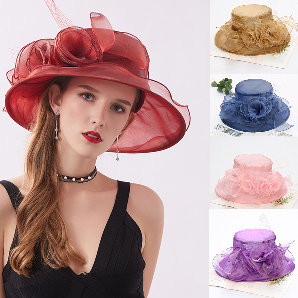 Mengen Women's Organza Tea Party Wedding Hat UV Protection Wide Brim ...