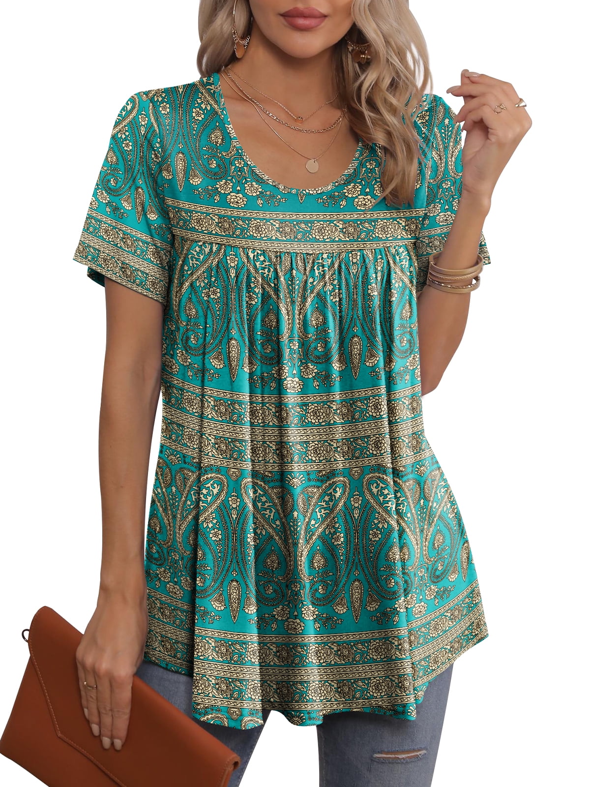 Mengpipi Blouses for Women Casual Crew Neck Short Sleeve Tunic Tops ...